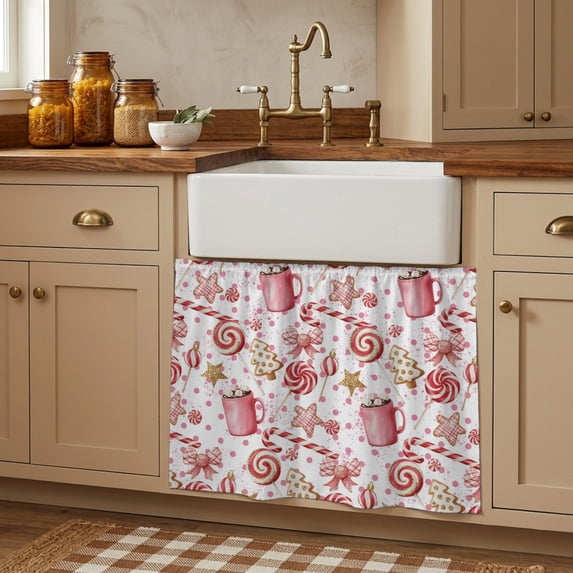 Cabinet Curtains 10"W x 11"L, Pink Christmas Candy Sink Skirt for ...