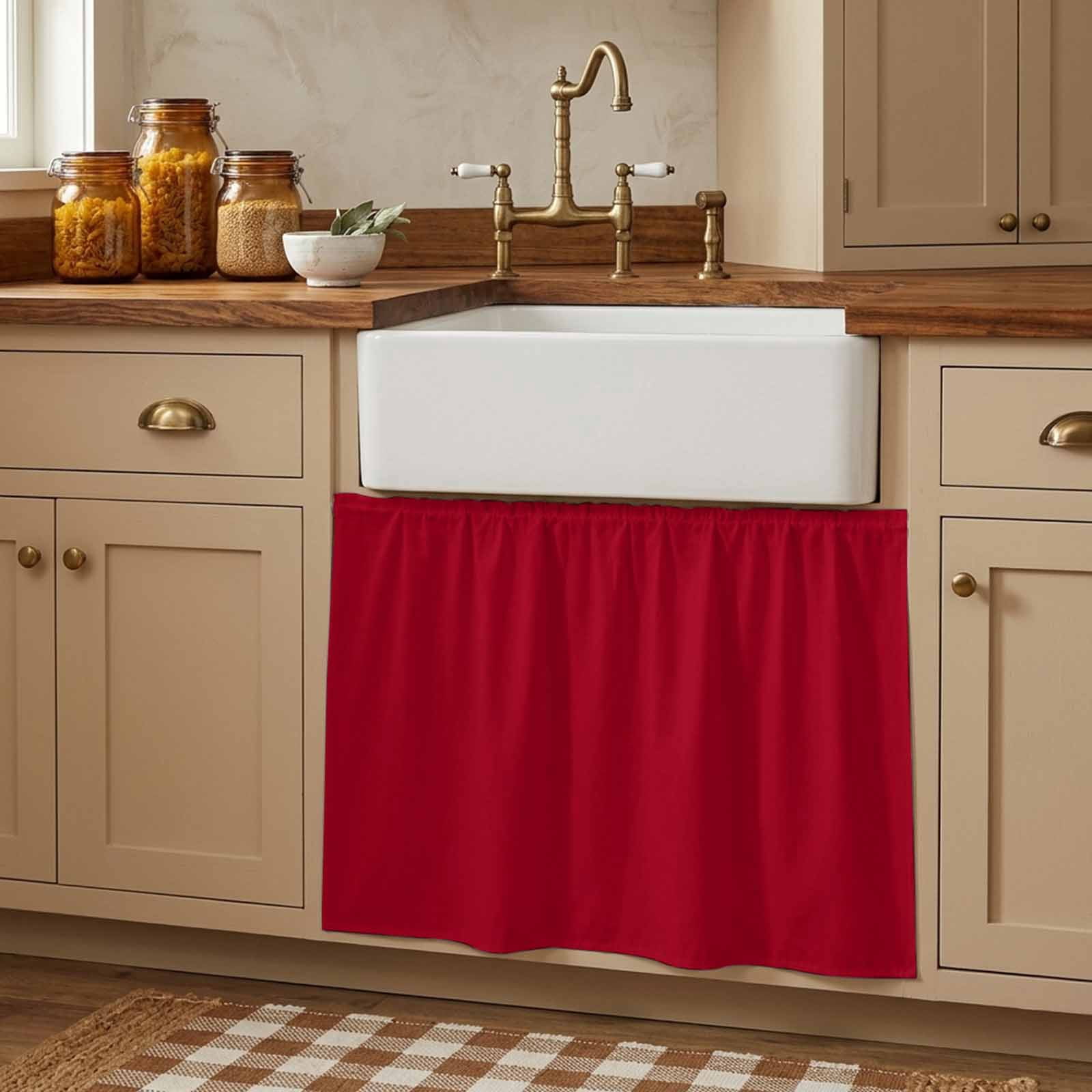 Cabinet Curtains 10"W x 11"L, Pure Red Sink Skirt for Bathroom Kitchen ...