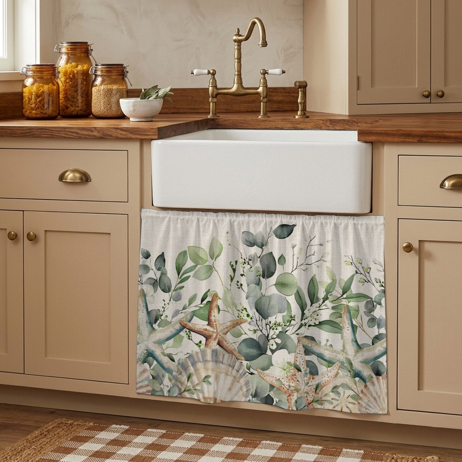 Cabinet Curtains 10"W x 11"L, Spring Eucalyptus Coastal Sink Skirt for ...