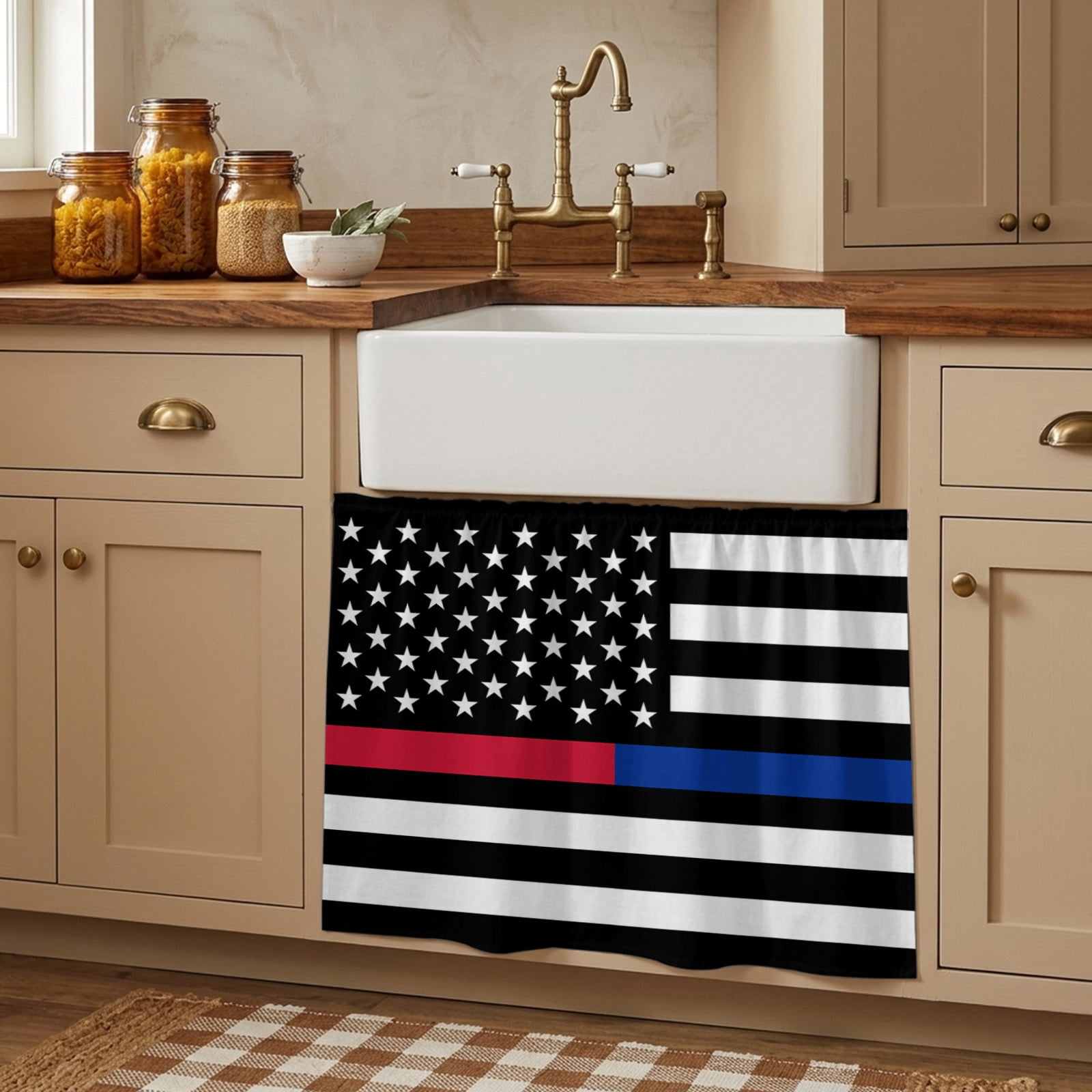 Cabinet Curtains 10"W x 11"L, Thin Red Blue White Line Sink Skirt for ...