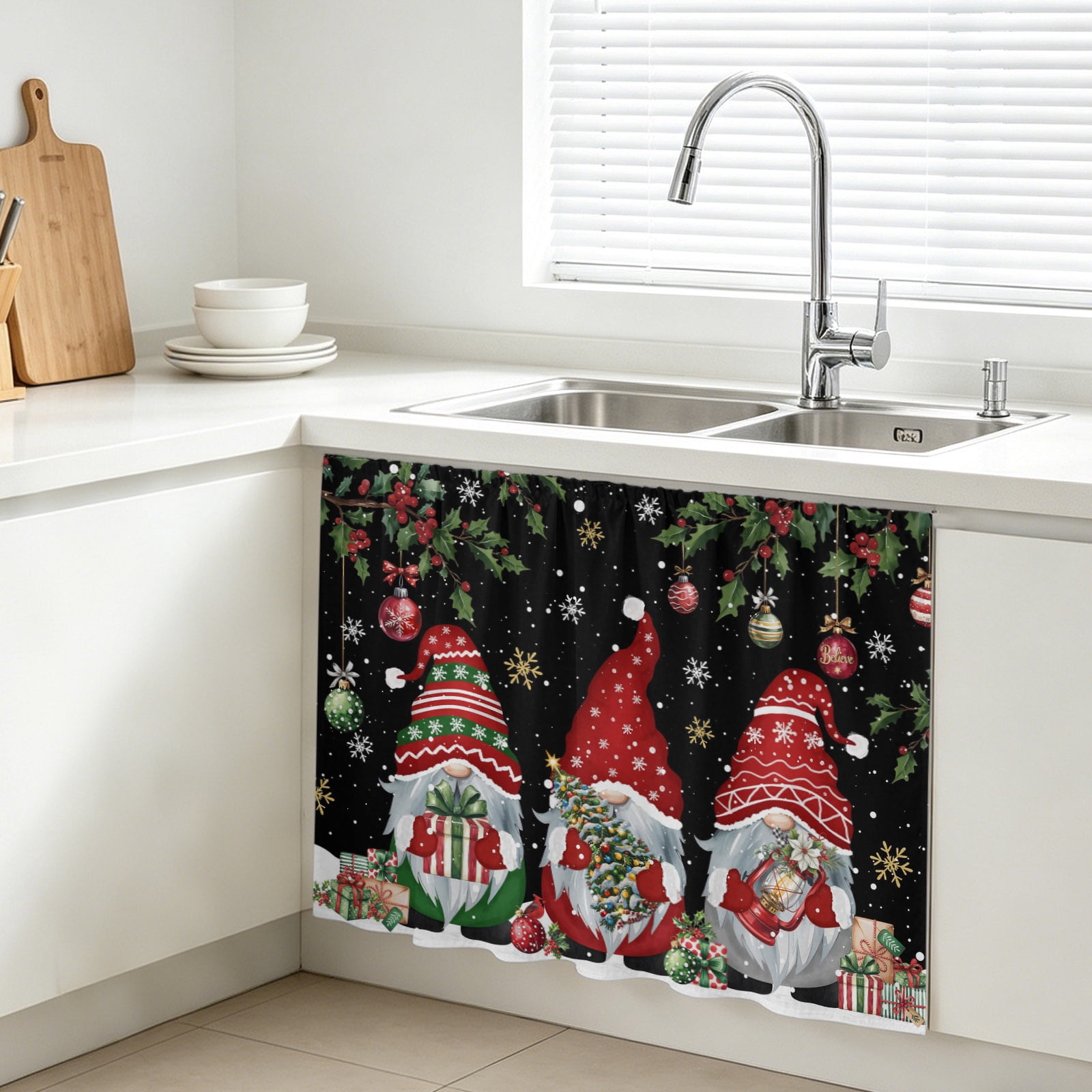 Cabinet Curtains 11"W x 13"L, Black Gnomes Christmas Sink Skirt for ...