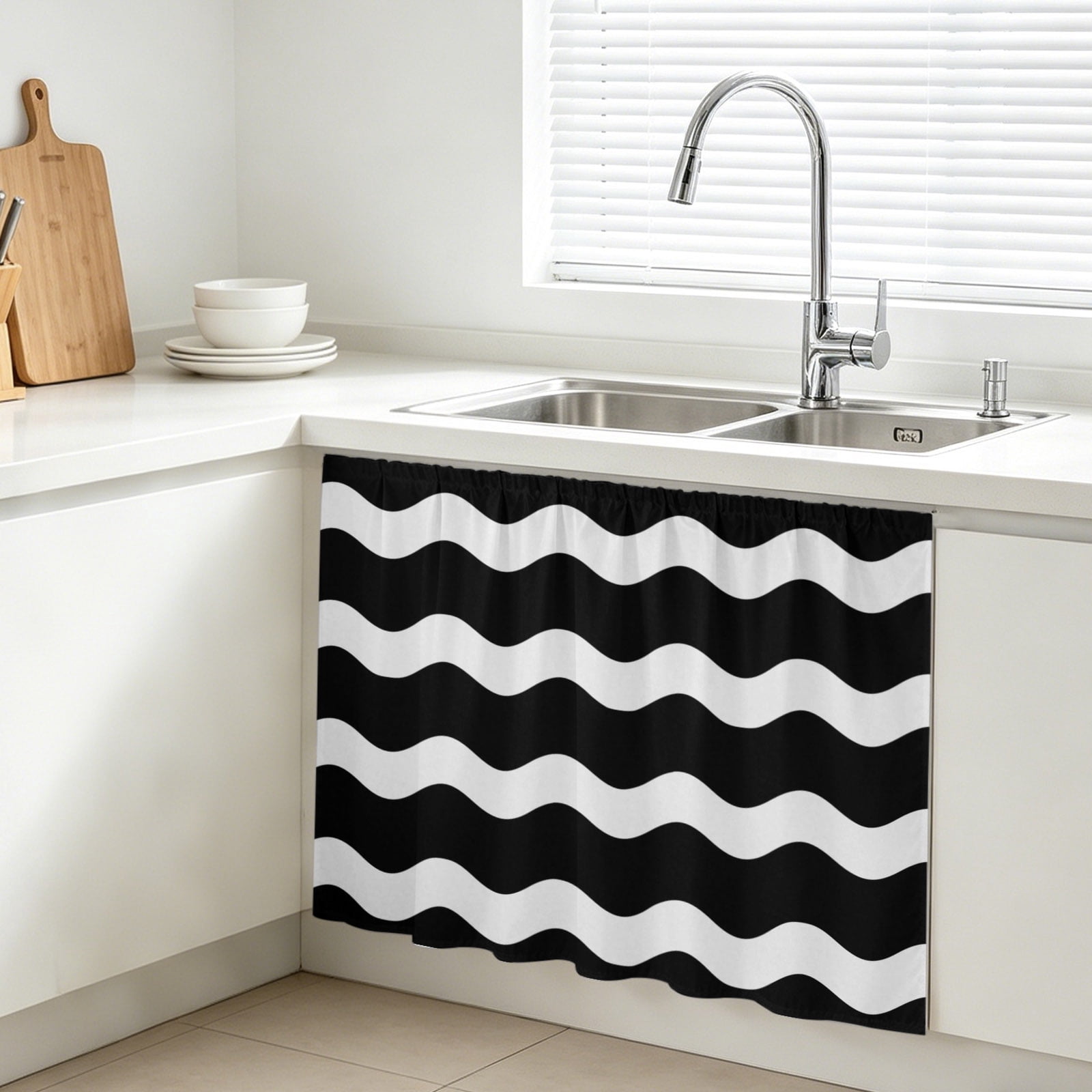 Cabinet Curtains 11"W x 13"L, Black Ripple Sink Skirt for Bathroom ...