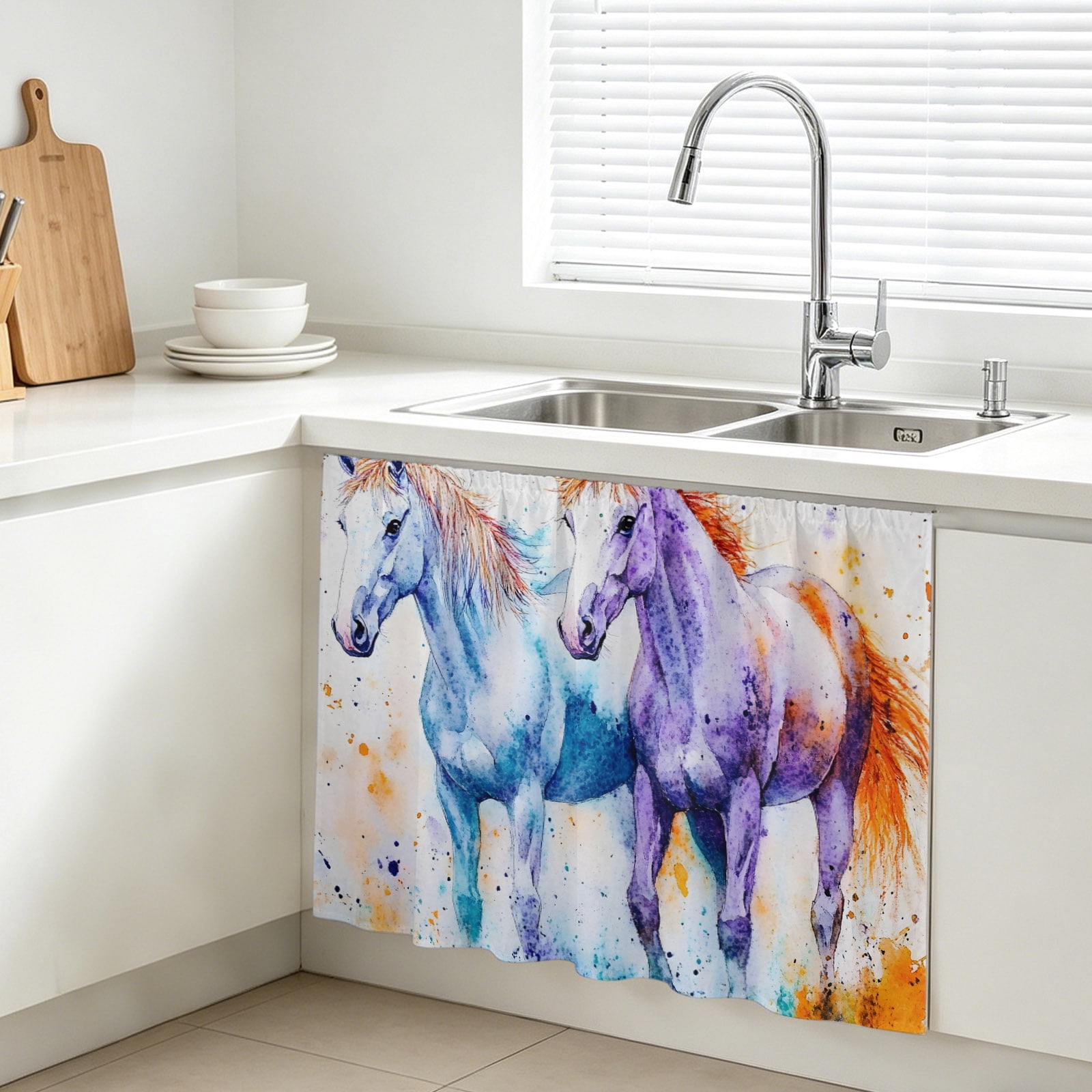Cabinet Curtains 11"W x 13"L, Blue Purple Horse Print Sink Skirt for ...