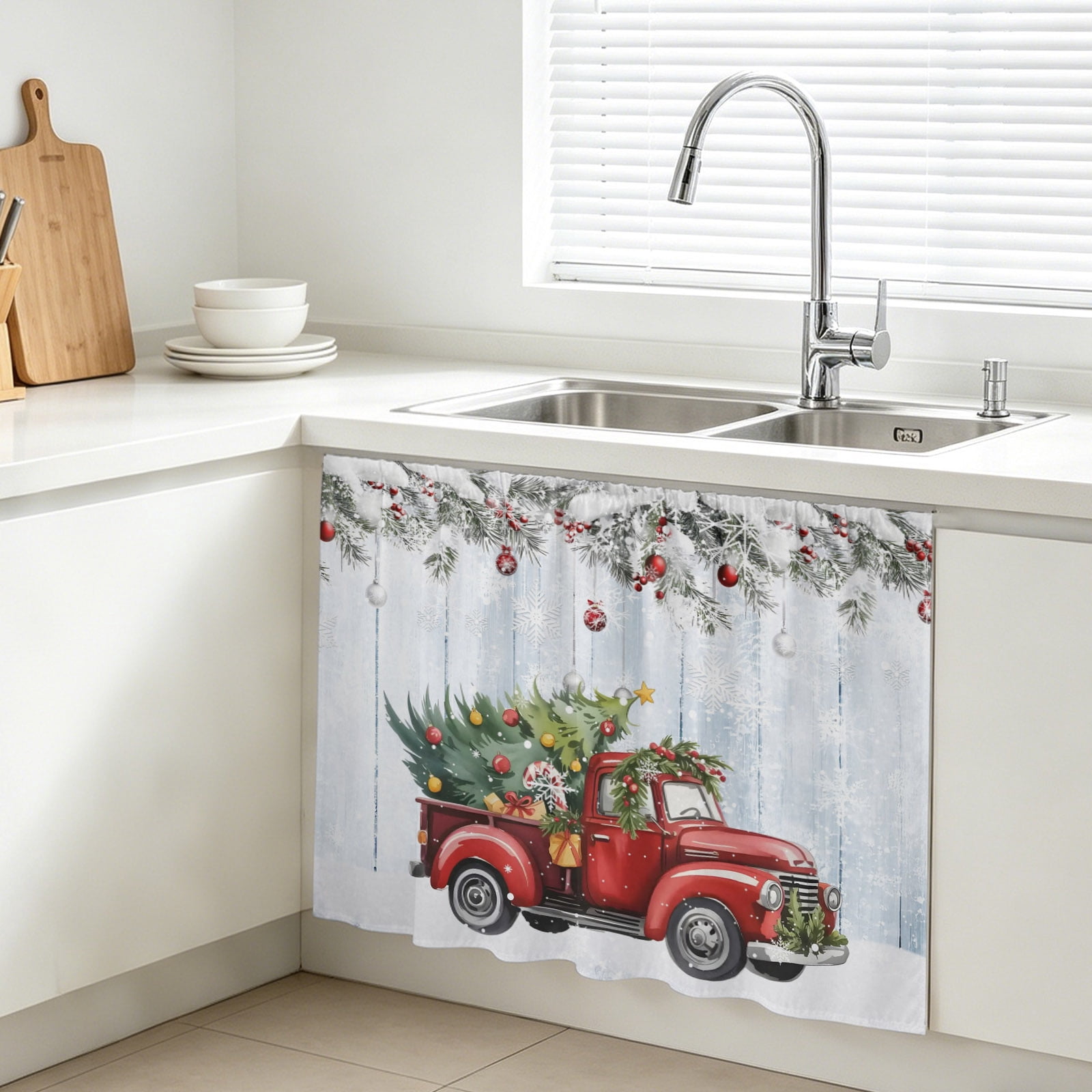 Cabinet Curtains 11"W x 13"L, Christmas Truck Sink Skirt for Bathroom ...