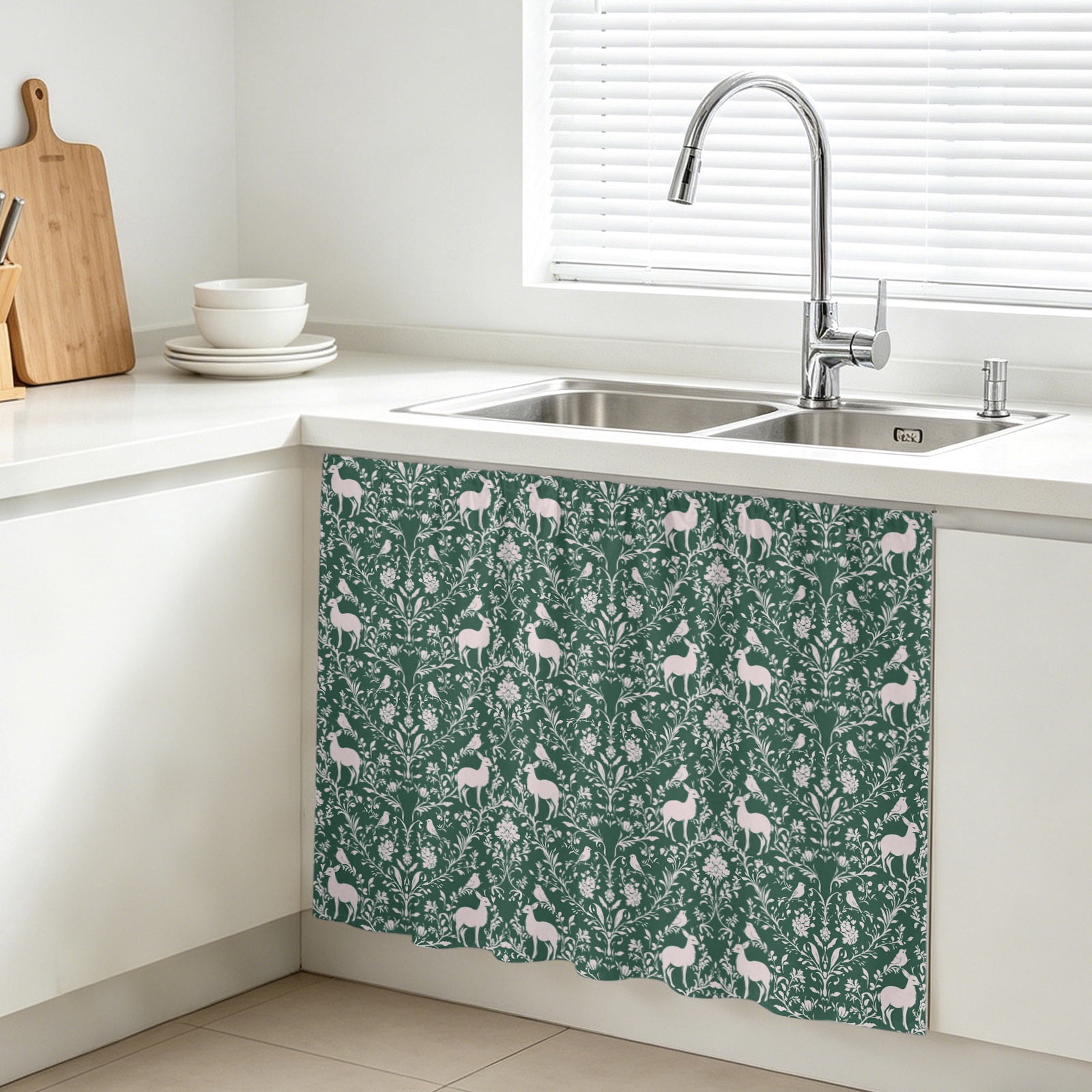 Cabinet Curtains 11"W x 13"L, Green Flower Deer Sink Skirt for Bathroom ...