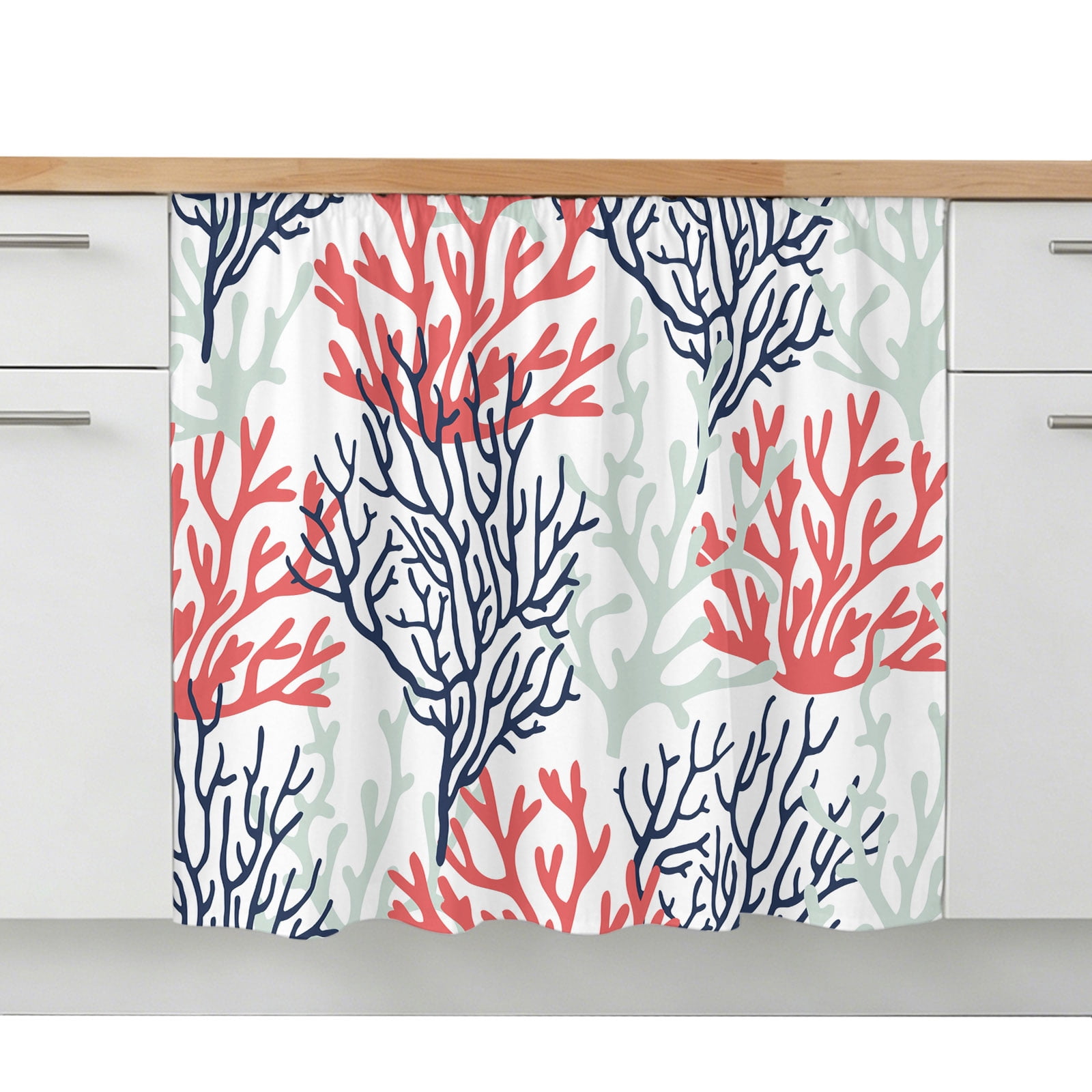 Cabinet Curtains 11"W x 13"L, Red Navy Blue Coral Coastal Sink Skirt ...