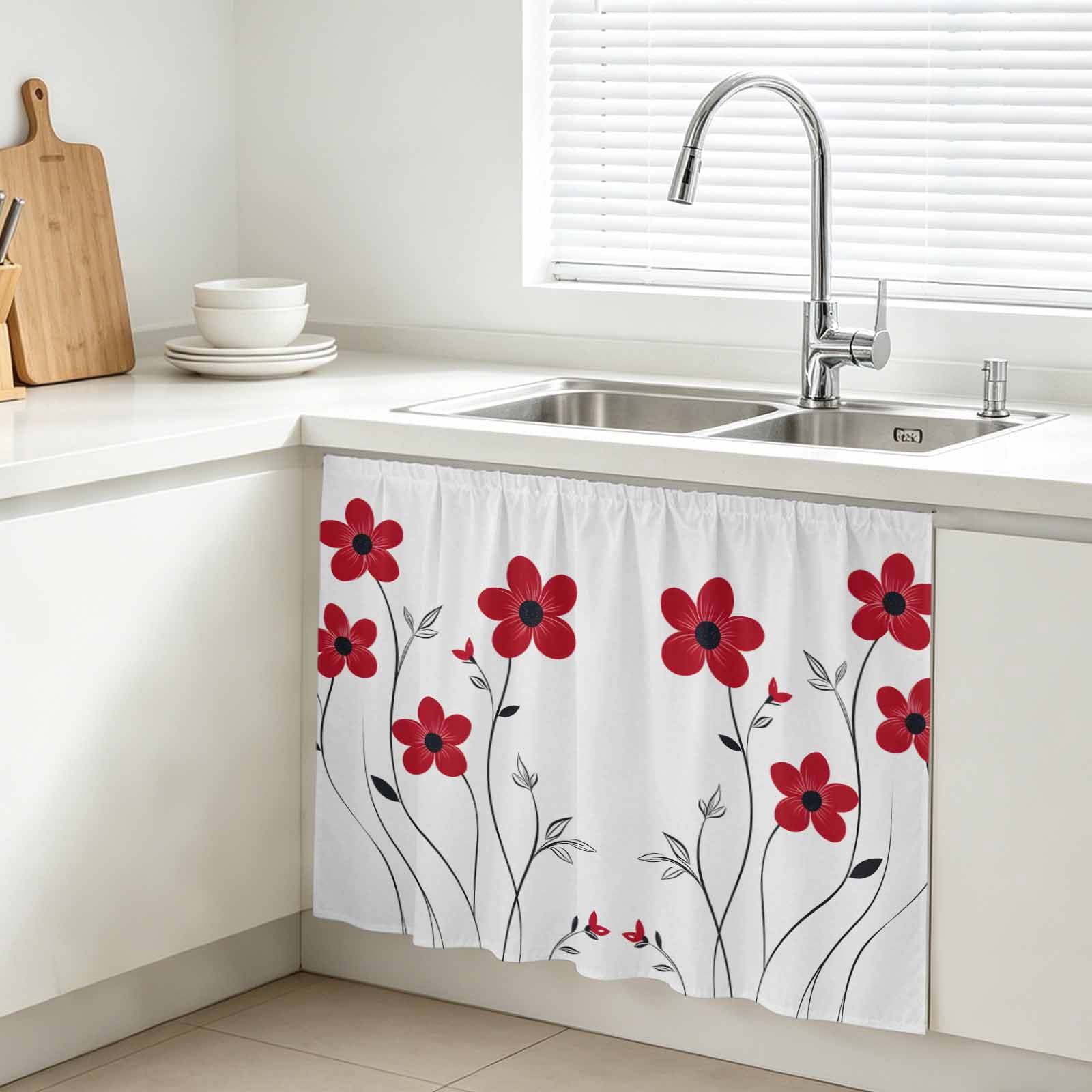 Cabinet Curtains 11"W x 13"L, Red Spring Floral Sink Skirt for Bathroom ...