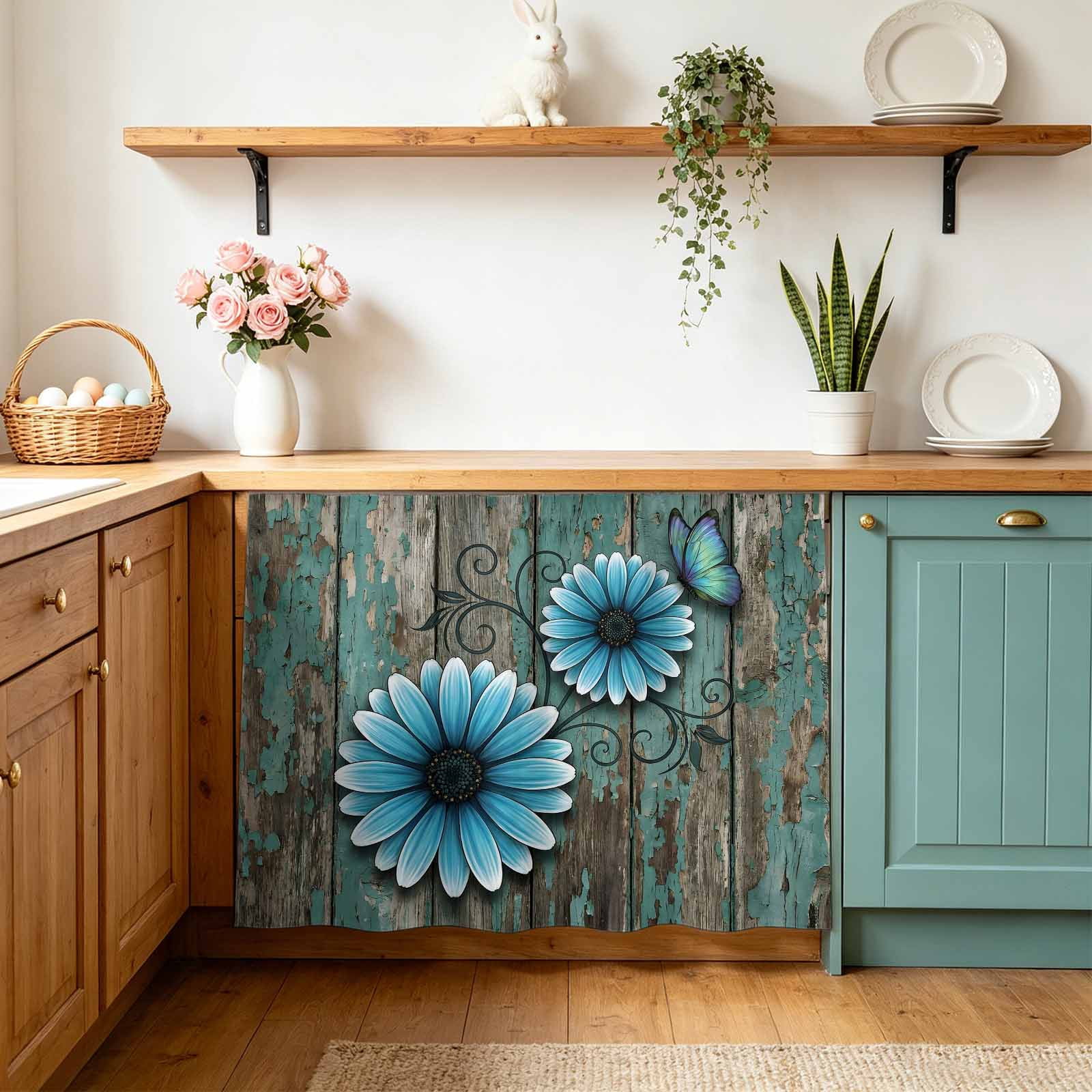 Cabinet Curtains 28"W x 35"L, Blue Daisy Sink Skirt for Bathroom ...