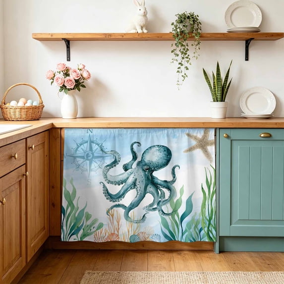 Cabinet Curtains 28"W x 35"L, Octopus Coastal Sink Skirt for Bathroom ...