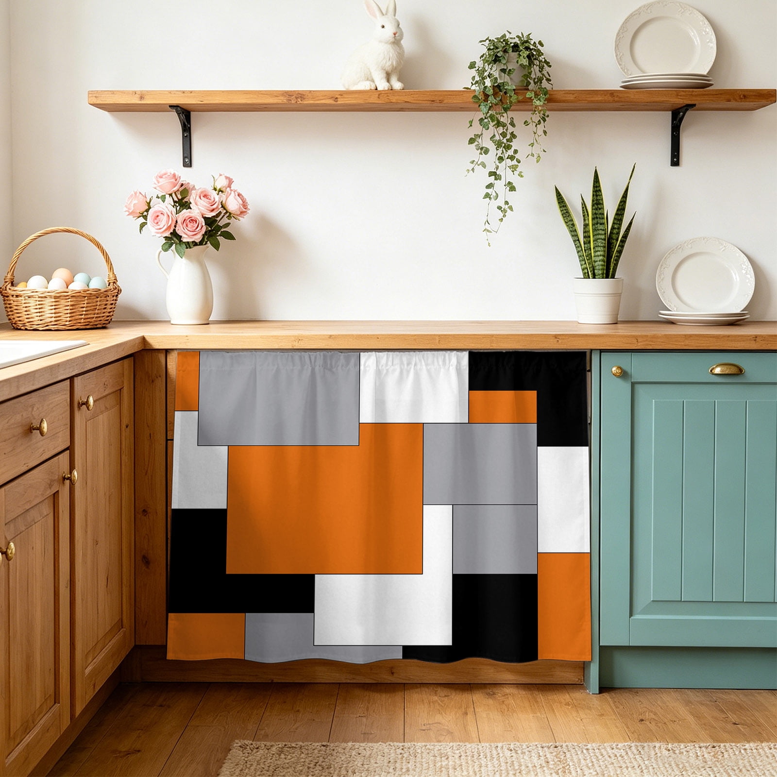 Cabinet Curtains 28"W x 35"L, Orange Black Grey Sink Skirt for Bathroom ...