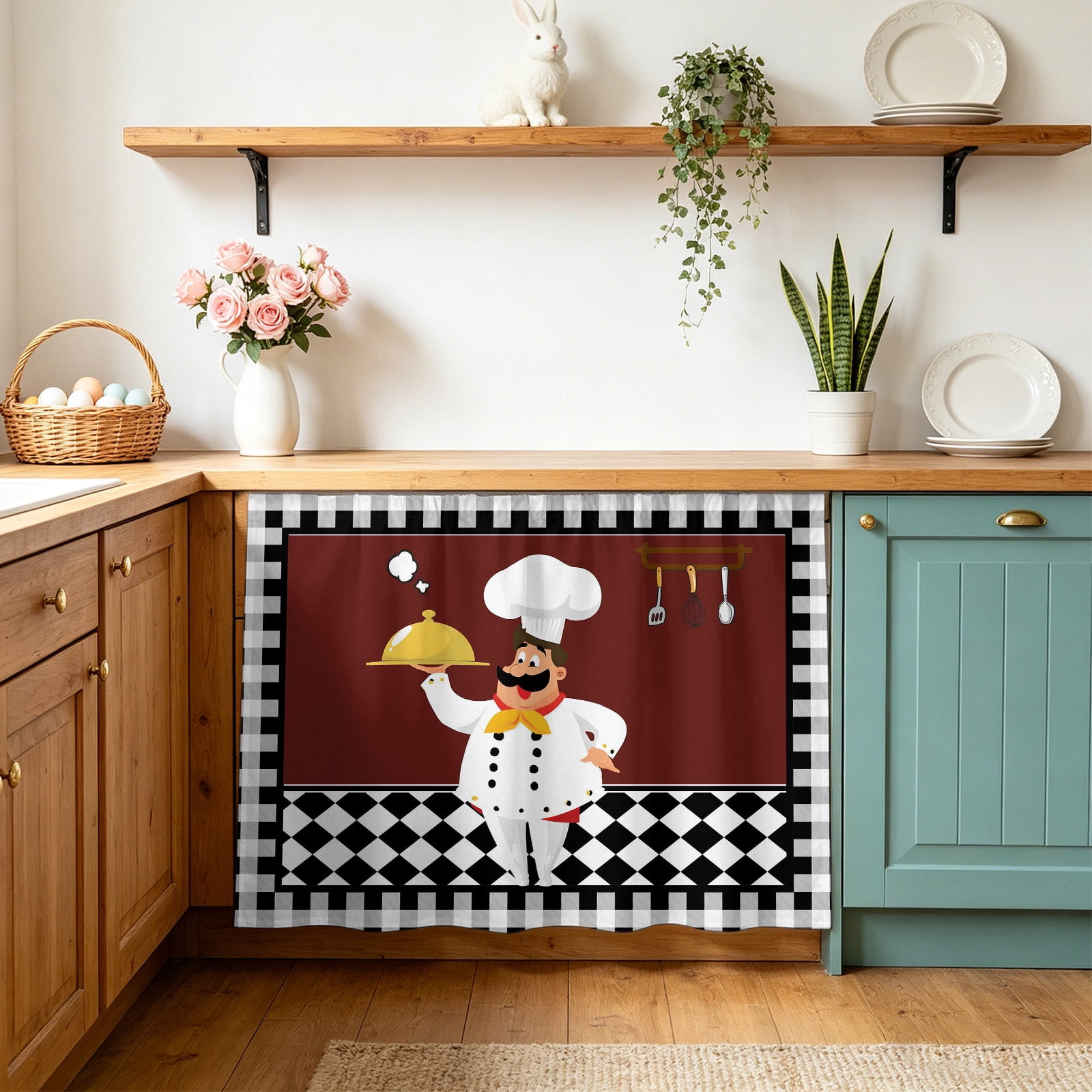 Cabinet Curtains 28"W x 35"L, Red Kitchen Chef Sink Skirt for Bathroom ...