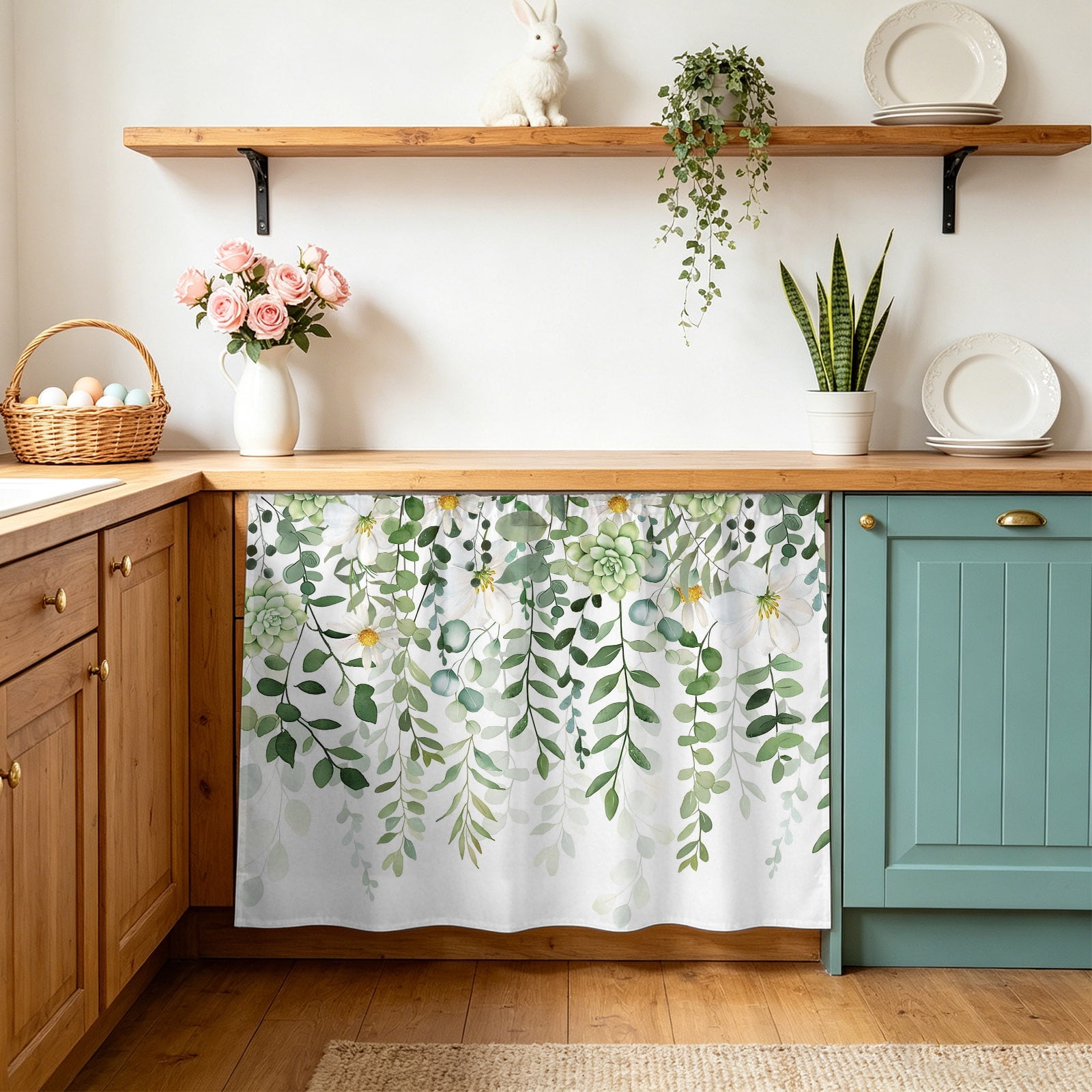 Cabinet Curtains 28"W x 35"L, Sage Green Eucalyptus Leaves Sink Skirt ...