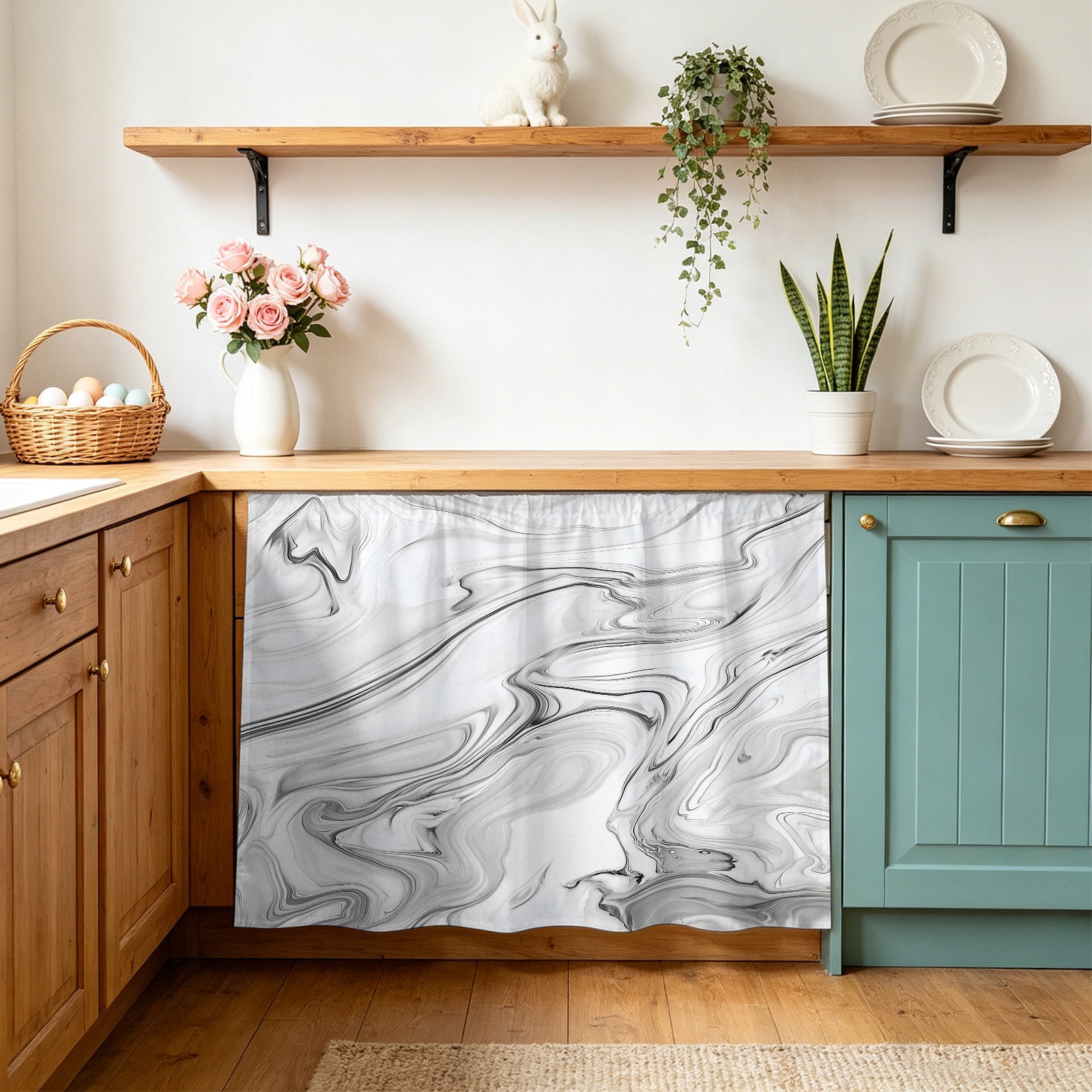 Cabinet Curtains 28"W x 35"L, White Gray Marble Sink Skirt for Bathroom ...