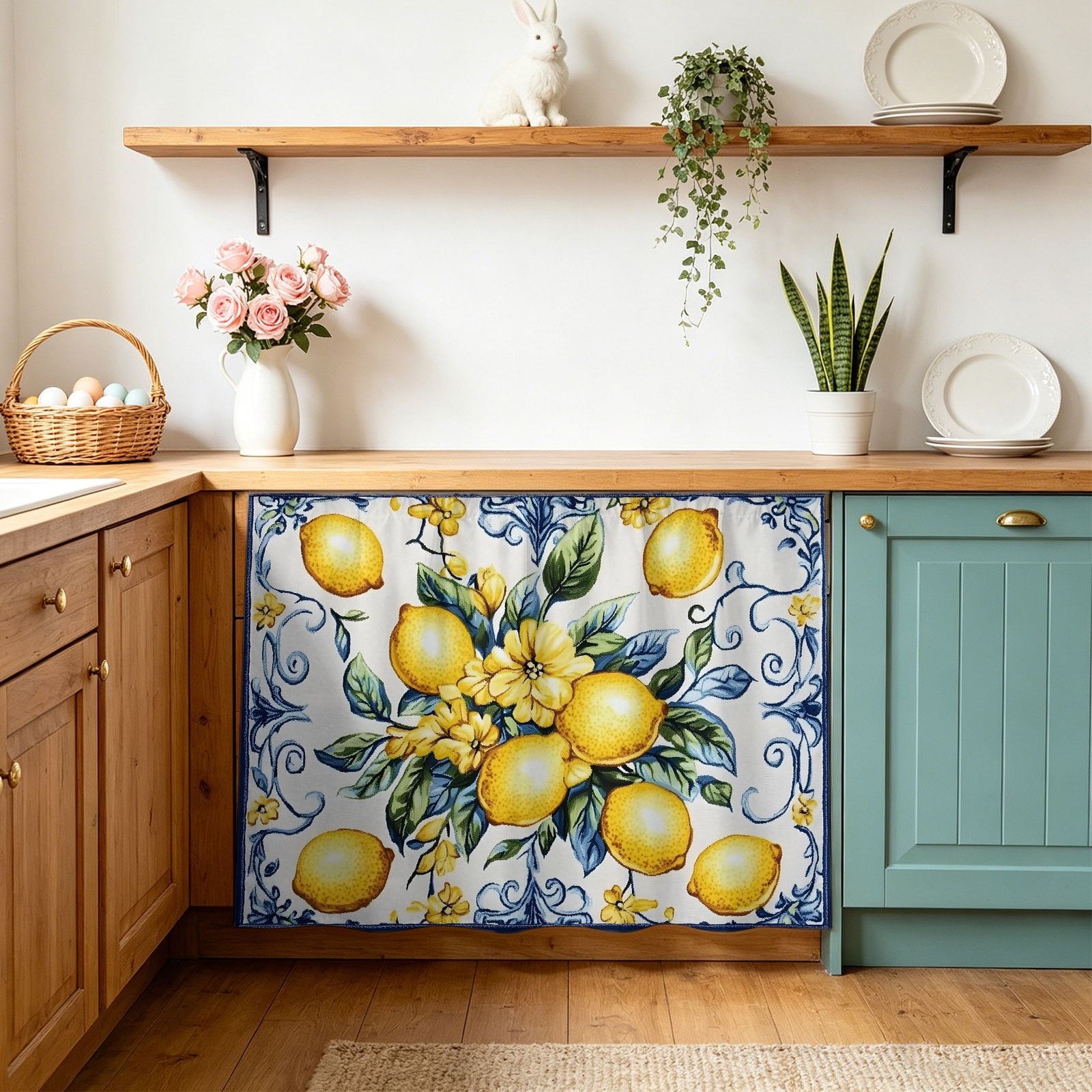 Cabinet Curtains 28"W x 35"L, Yellow Lemon Sink Skirt for Bathroom ...