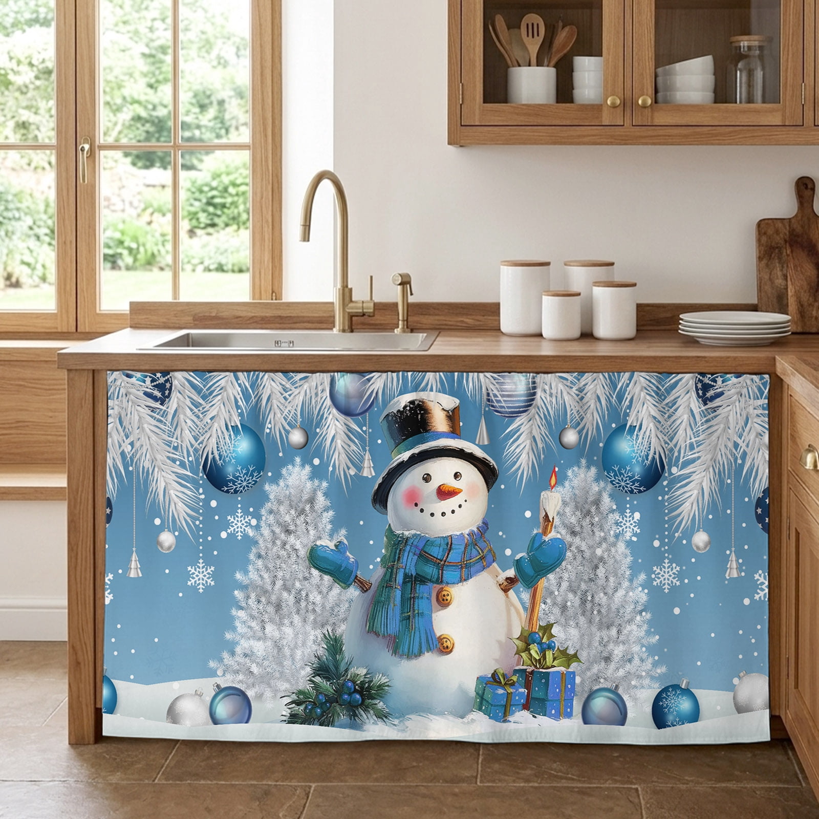 Cabinet Curtains 28"W x 51"L, Blue Snowman Christmas Sink Skirt for ...