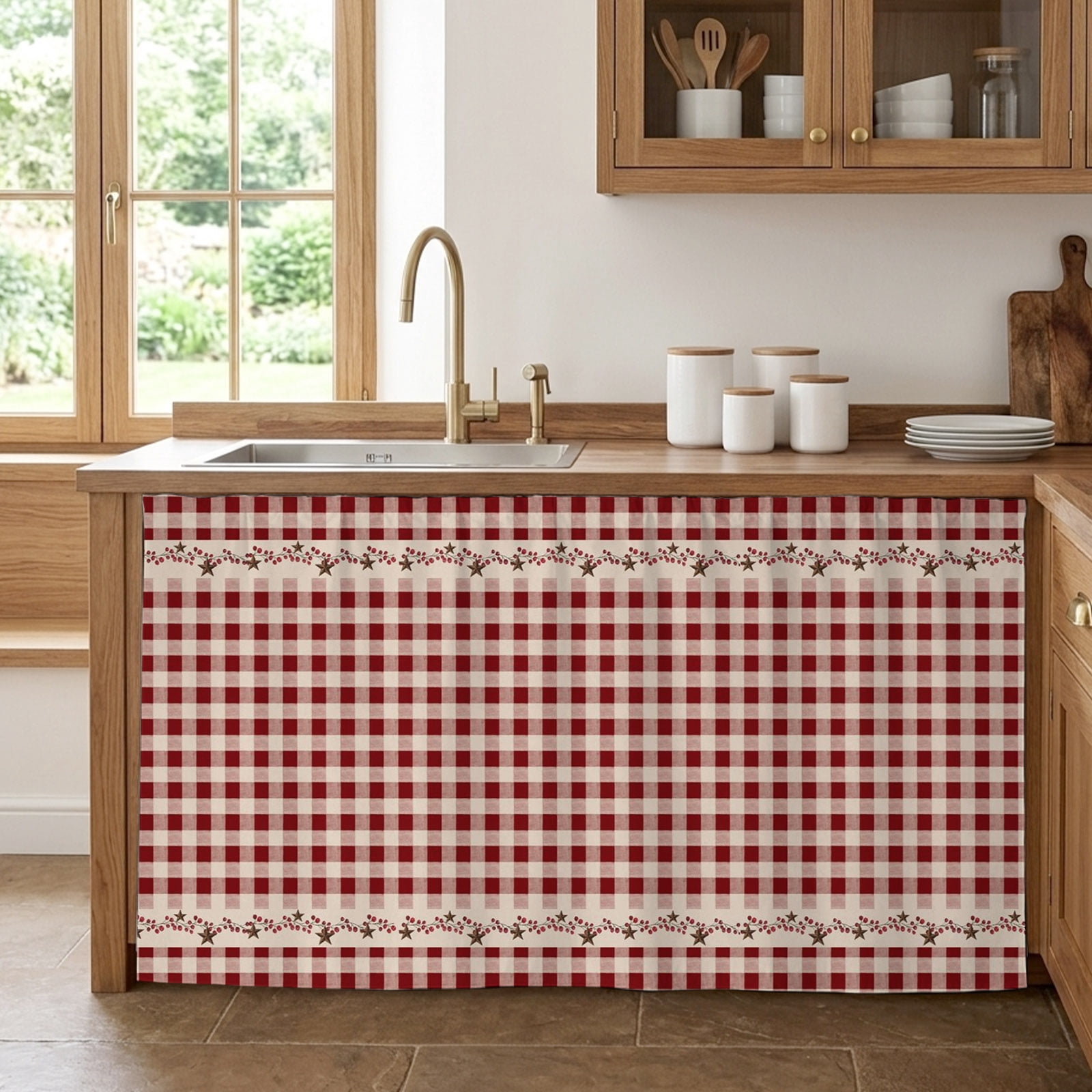 Cabinet Curtains 28"W x 51"L, Country Star Plaid Sink Skirt for ...