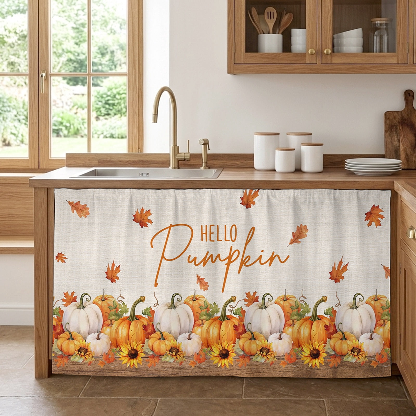 Cabinet Curtains 28"W x 51"L, Hello Pumpkins Sink Skirt for Bathroom ...