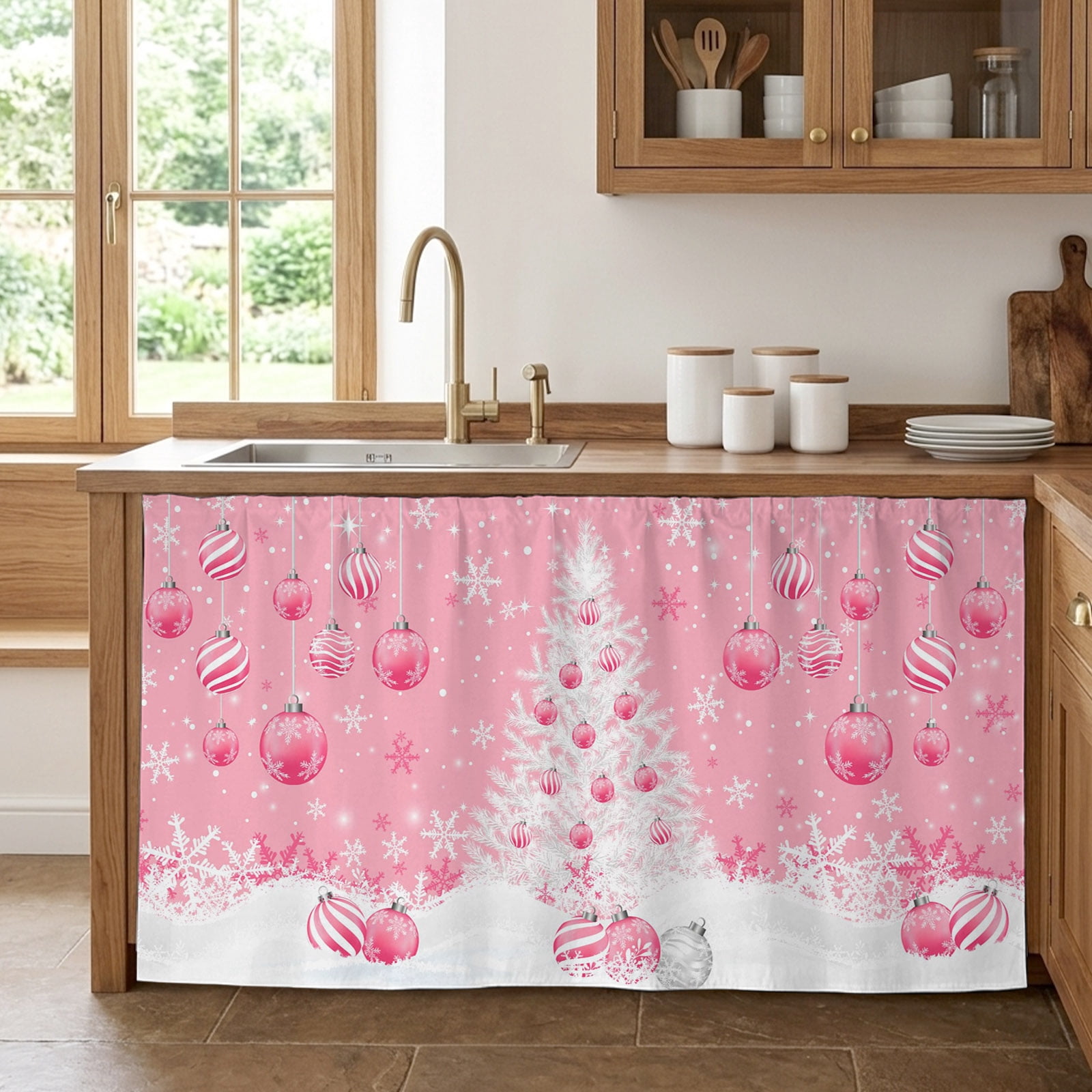 Cabinet Curtains 28"W x 51"L, Pink Christmas Balls Sink Skirt for ...