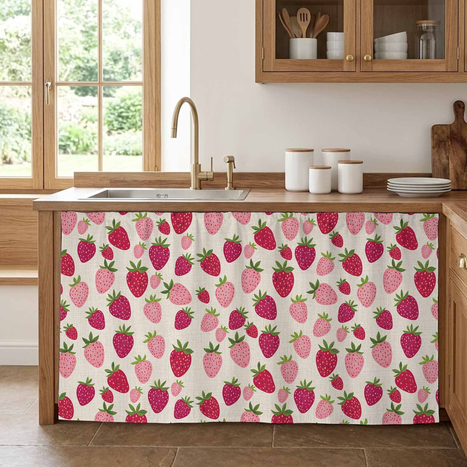 Cabinet Curtains 28"W x 51"L, Red Pink Strawberry Sink Skirt for ...