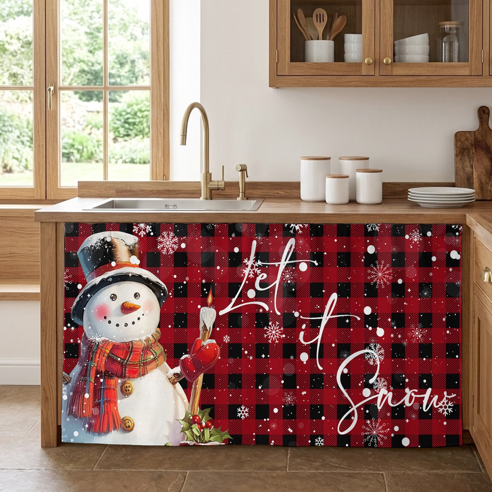 Cabinet Curtains 28"W x 51"L, Red Plaid Snowman Christmas Sink Skirt ...