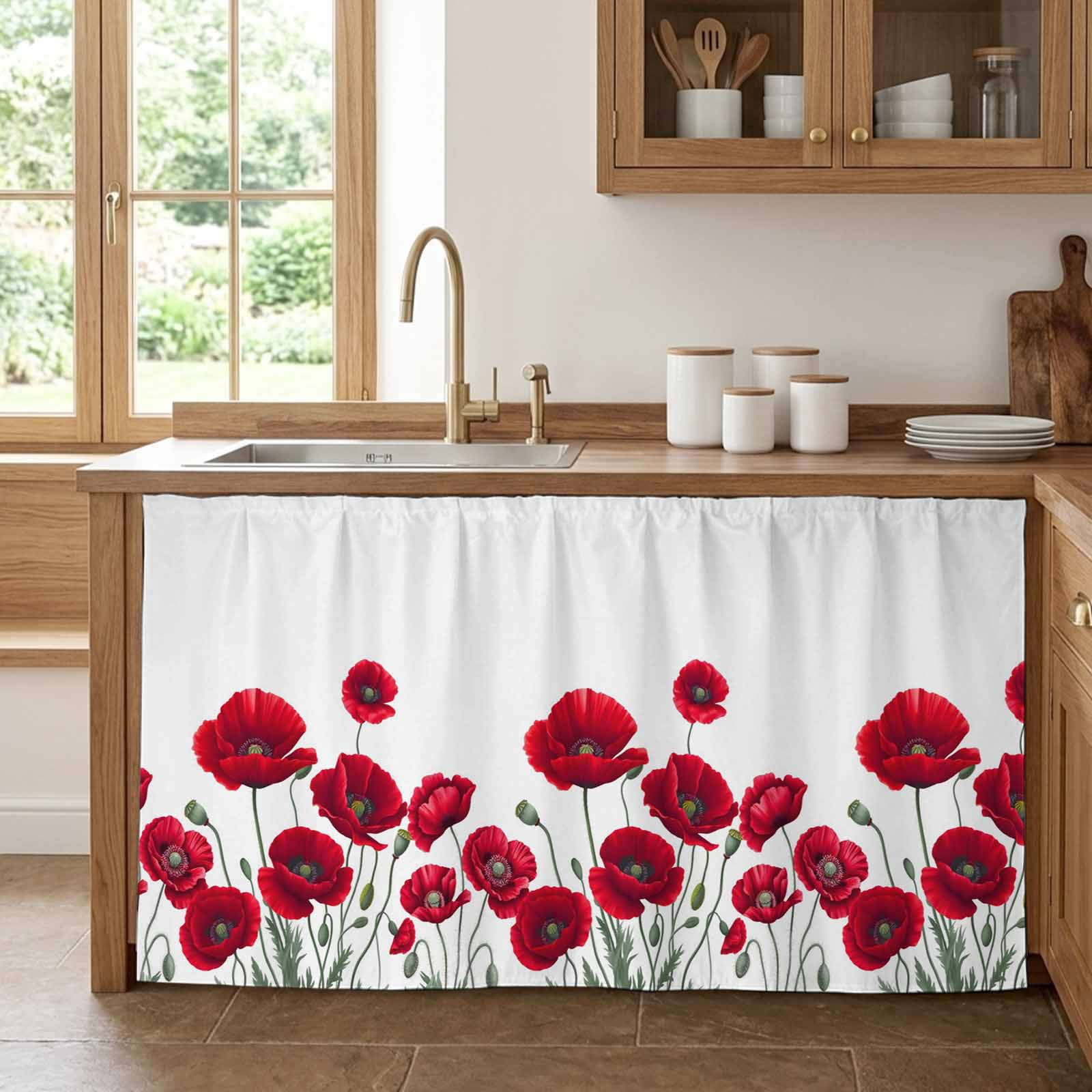 Cabinet Curtains 28"W x 51"L, Red Poppy Sink Skirt for Bathroom Kitchen ...