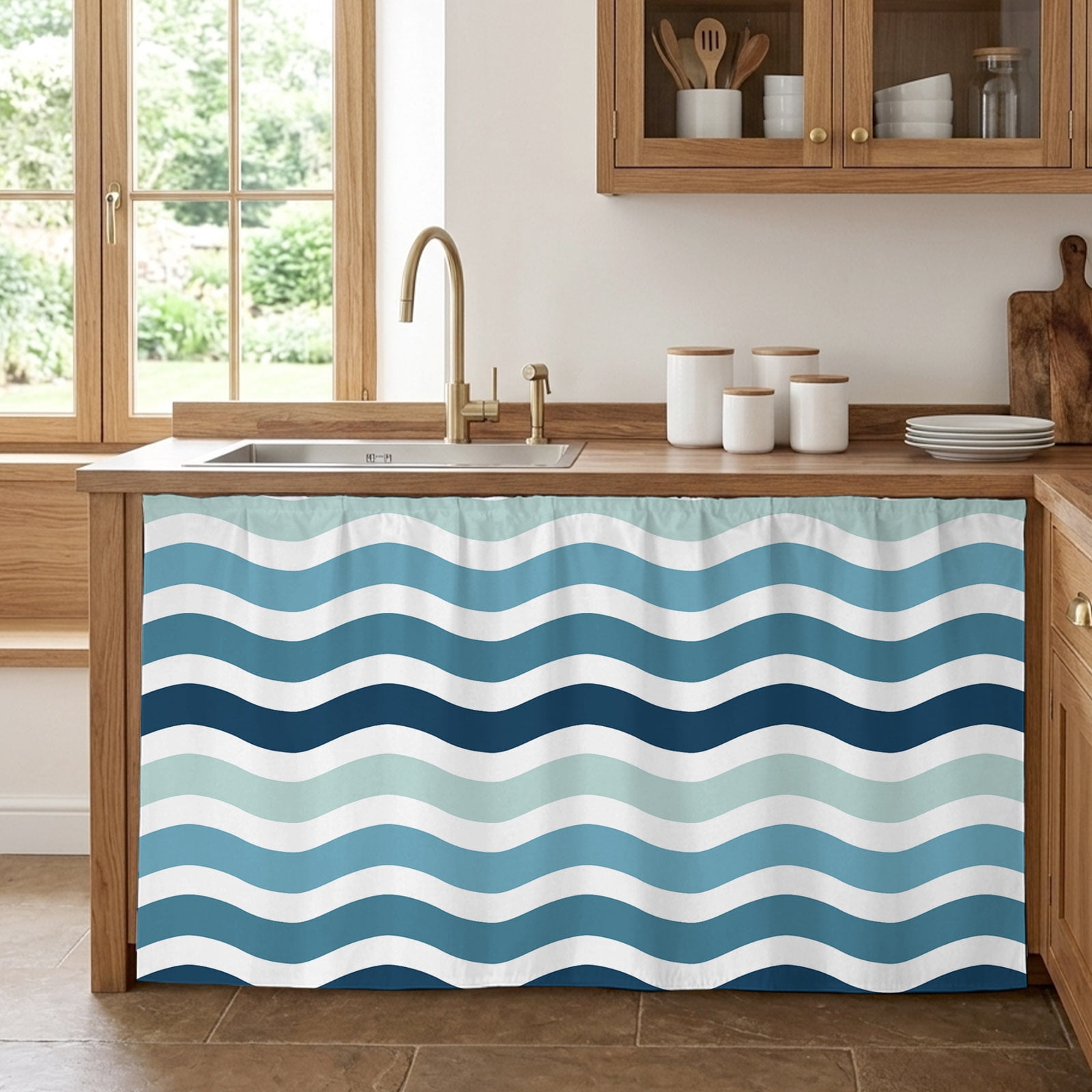 Cabinet Curtains 28"W x 51"L, Teal Blue Stripes Ombre Sink Skirt for ...
