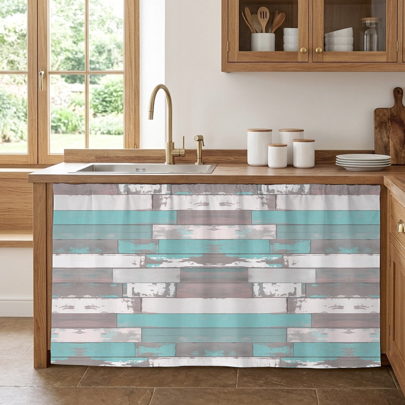 Cabinet Curtains 28"W x 51"L, Turquoise Gray Sink Skirt for Bathroom ...