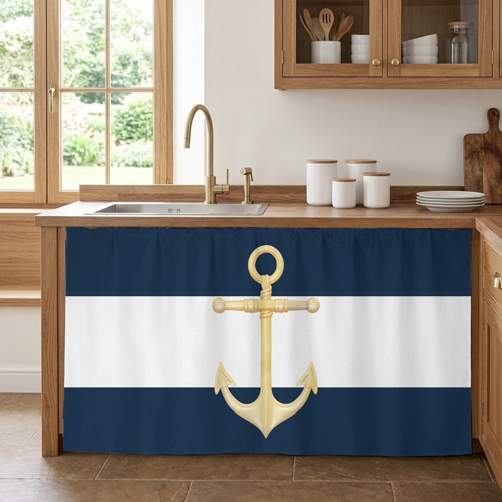 Cabinet Curtains 28"W x 51"L, Yellow Anchor Nautical Sink Skirt for ...