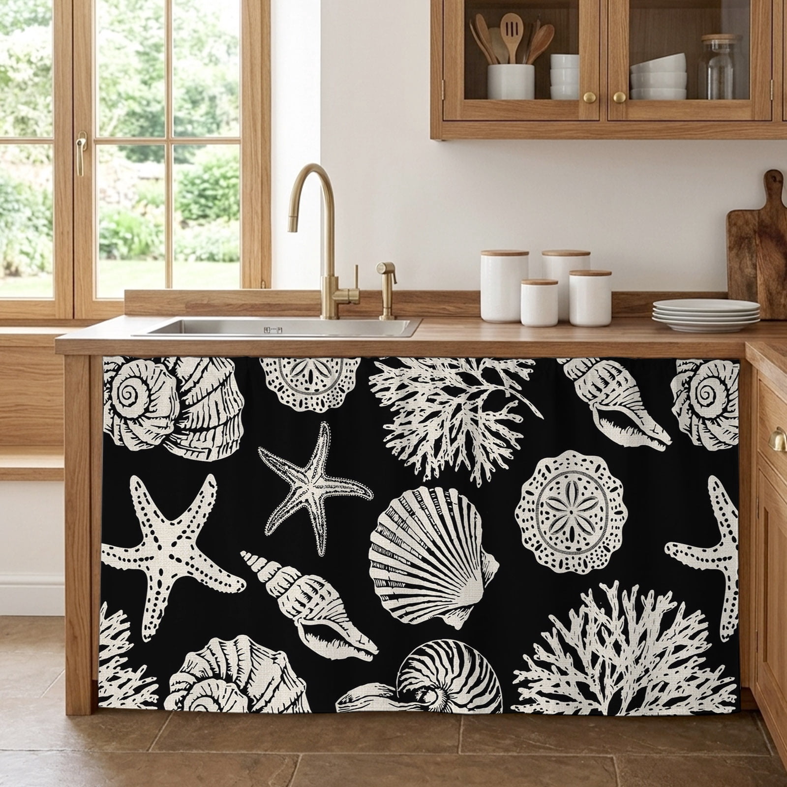 Cabinet Curtains 32"W x 55"L, Black Starfish Coastal Sink Skirt for ...