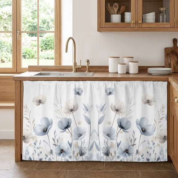 Cabinet Curtains 32"W x 55"L, Blue Beige Spring Floral Sink Skirt for ...
