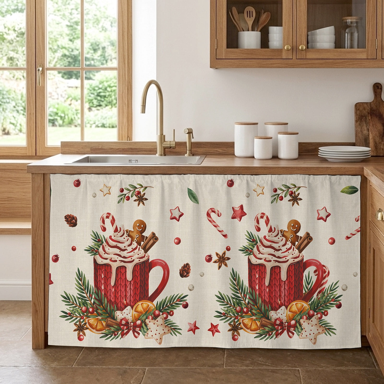 Cabinet Curtains 32"W x 55"L, Christmas Sink Skirt for Bathroom Kitchen ...