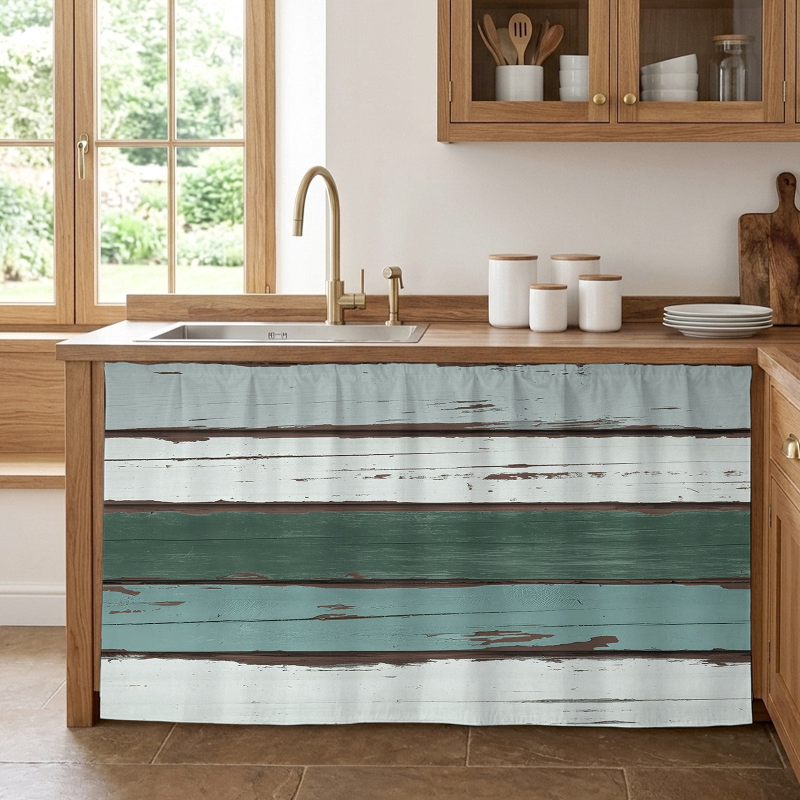 Cabinet Curtains 32"W x 55"L, Green Gray White Sink Skirt for Bathroom ...