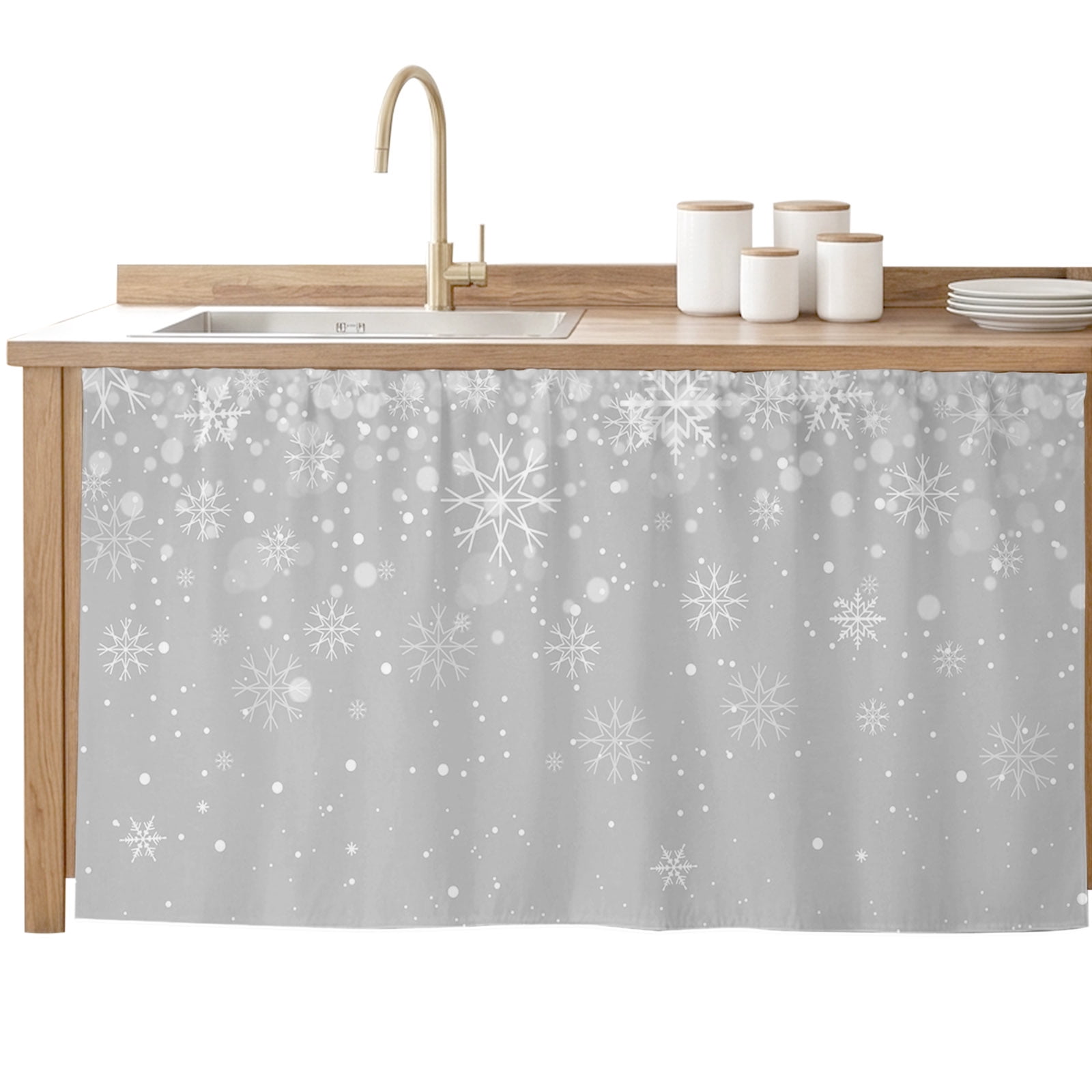 Cabinet Curtains 32"W x 55"L, Grey Christmas Snowflake Sink Skirt for ...