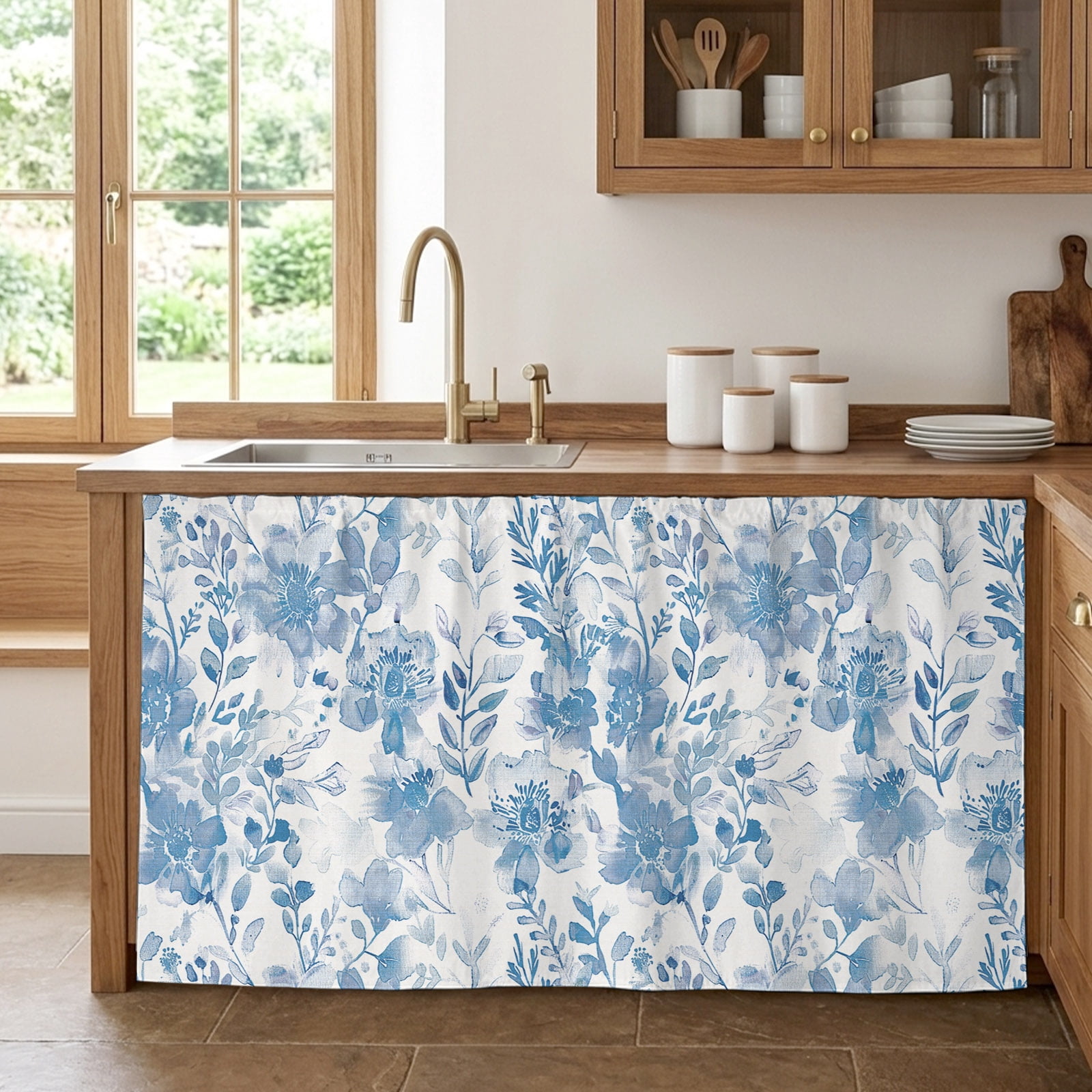 Cabinet Curtains 32"W x 55"L, Navy Blue Flowers Sink Skirt for Bathroom ...