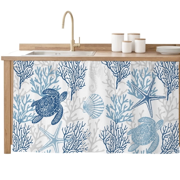 Cabinet Curtains 32"W x 55"L, Navy Blue Grey Coastal Sink Skirt for ...