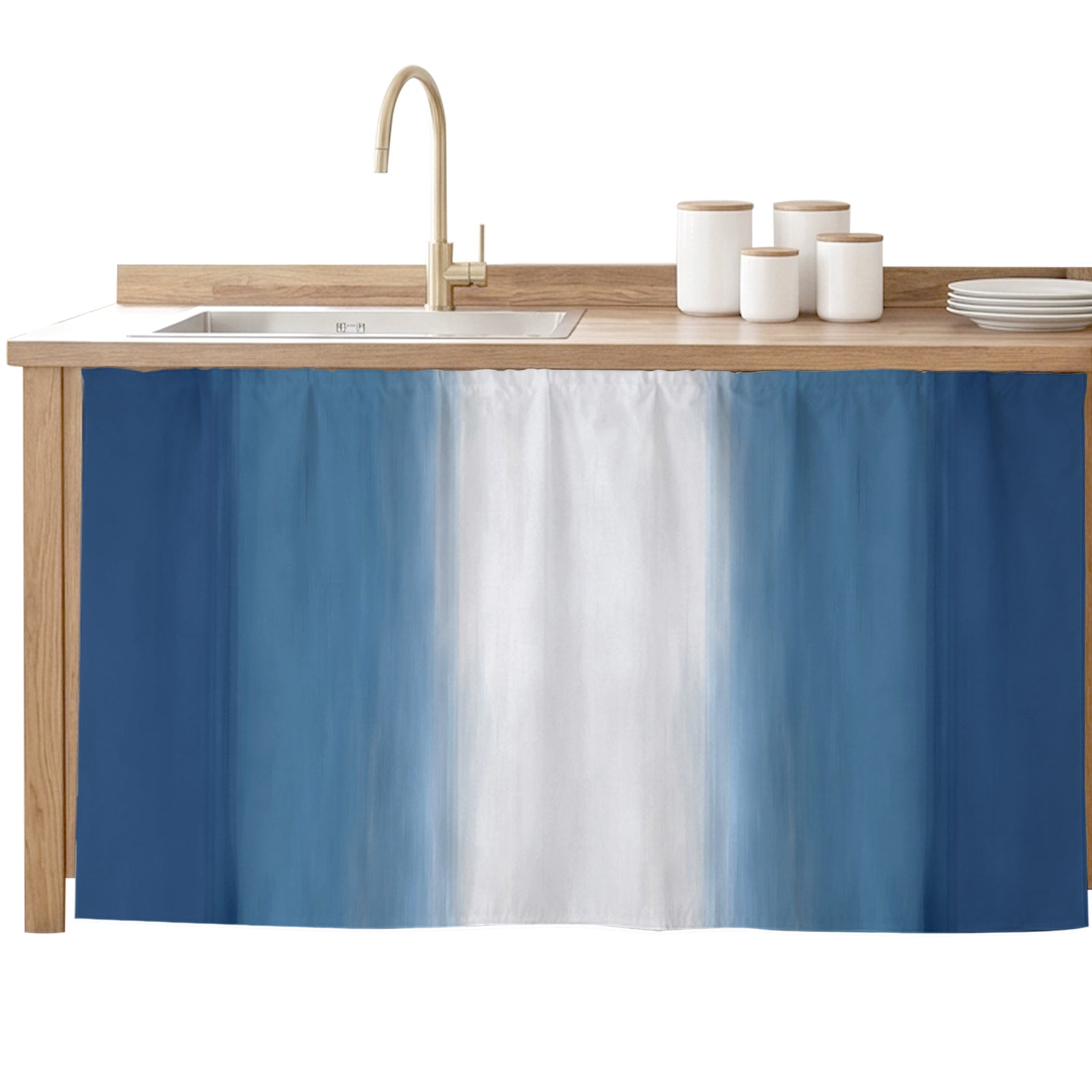 Cabinet Curtains 32"W x 55"L, Navy Blue Striped Sink Skirt for Bathroom ...