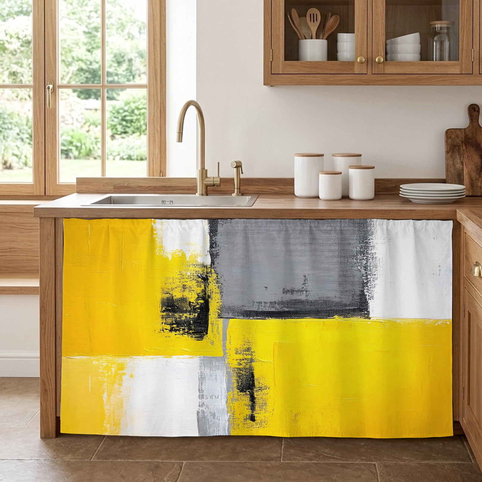 Cabinet Curtains 32"W x 55"L, Oil Painting Yellow Grey Sink Skirt for ...