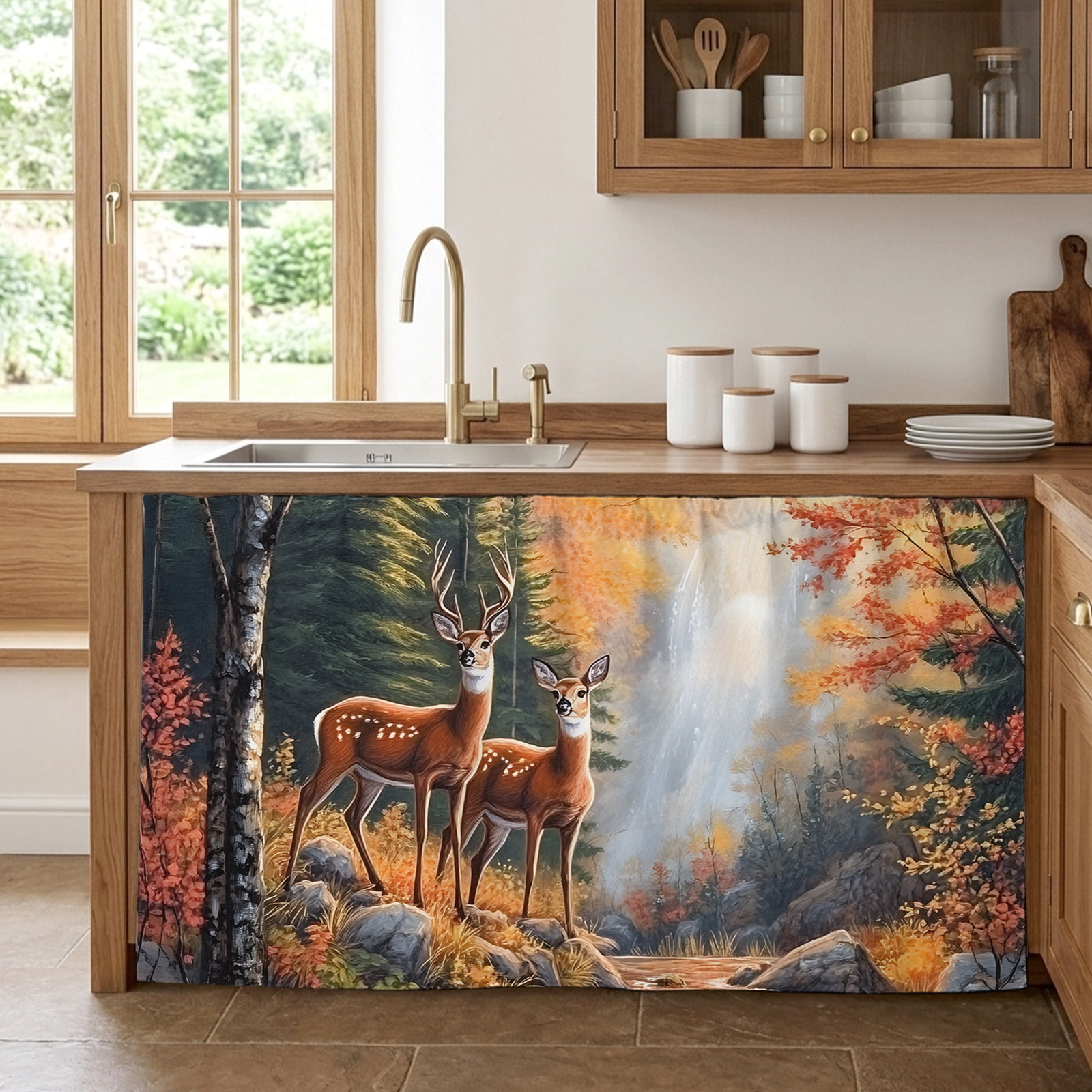 Cabinet Curtains 32"W x 55"L, Orange Botanical Elk Sink Skirt for ...