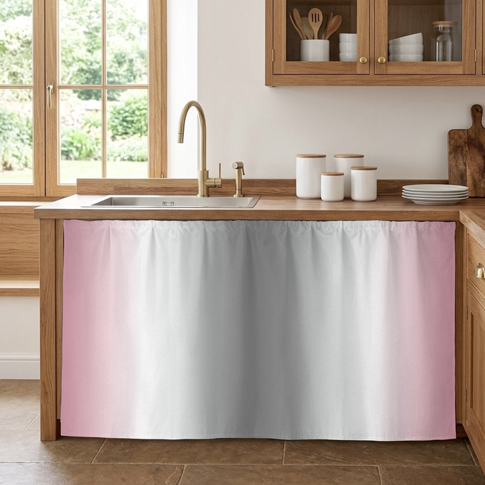 Cabinet Curtains 32"W x 55"L, Pink Grey Sink Skirt for Bathroom Kitchen ...