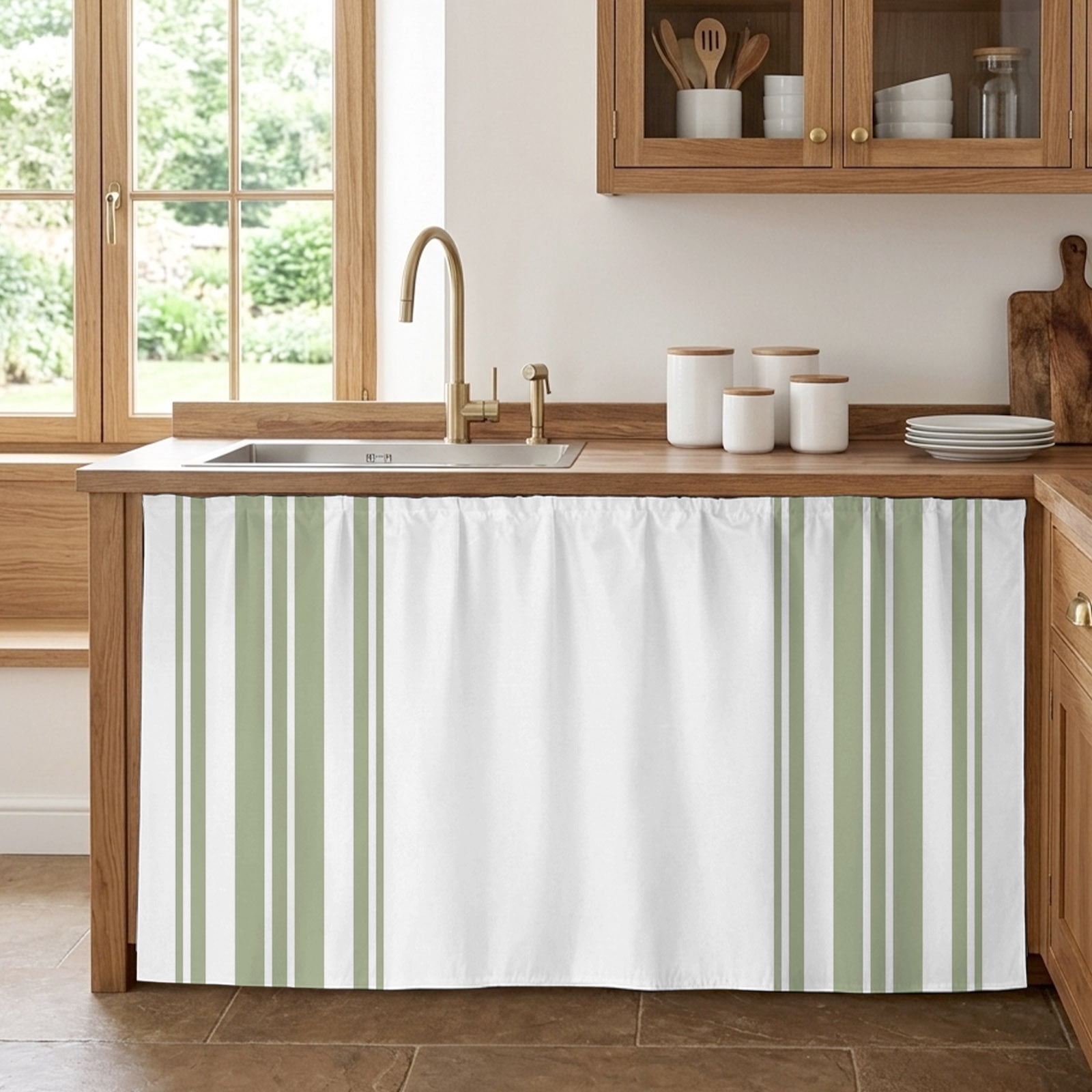 Cabinet Curtains 32"W x 55"L, Sage Green Striped Sink Skirt for ...