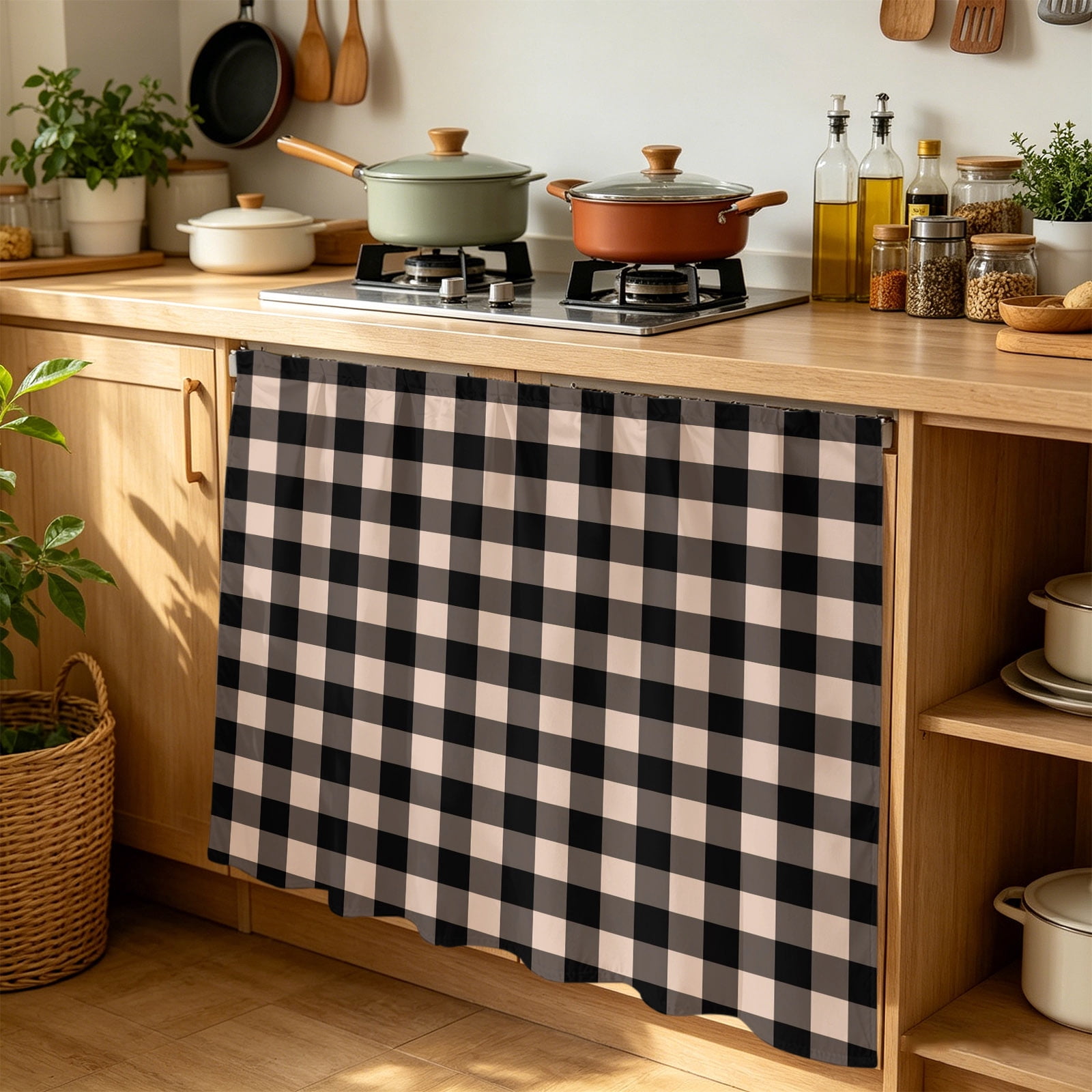 Cabinet Curtains 35"W x 35"L, Black Plaid Sink Skirt for Bathroom ...