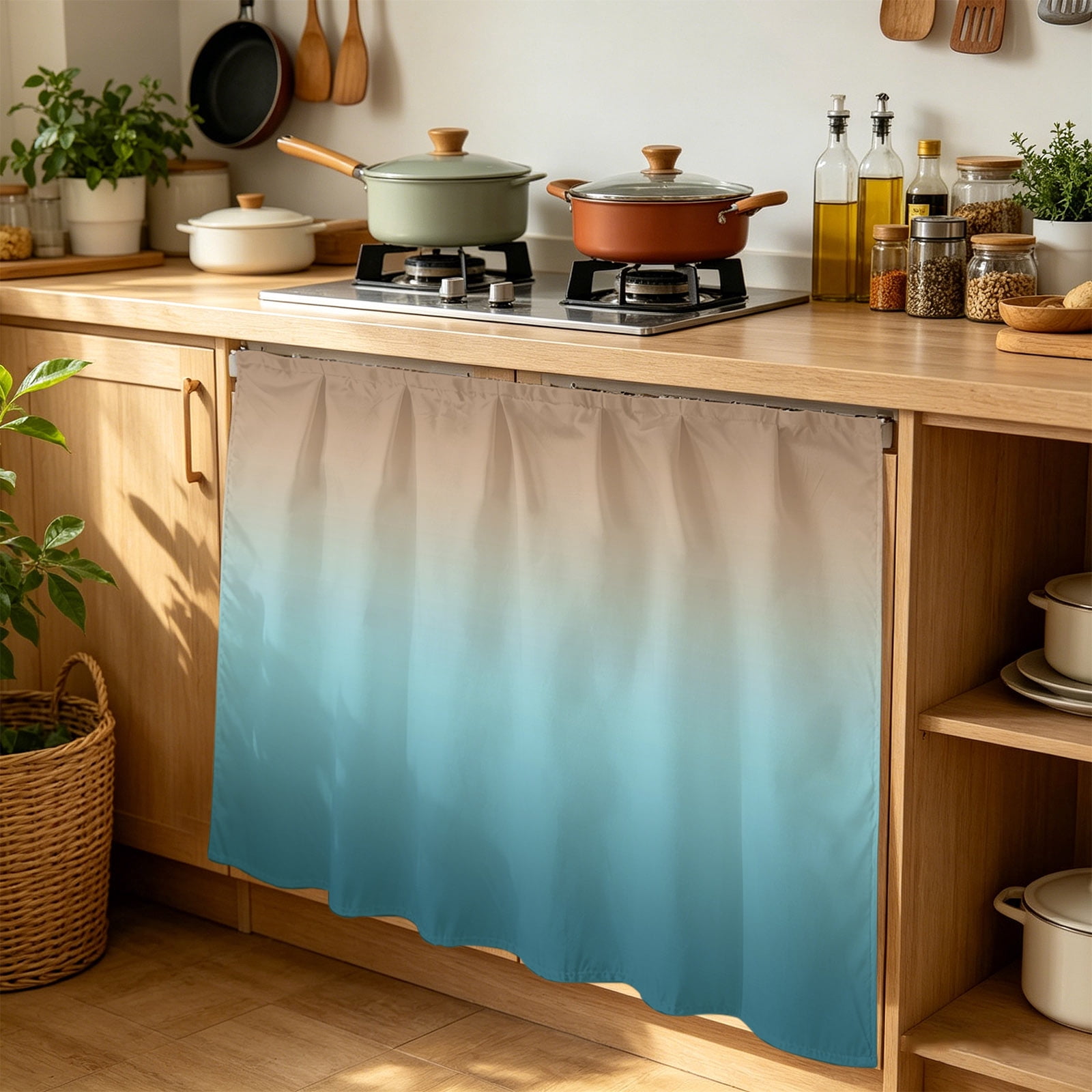 Cabinet Curtains 35"W x 35"L, Navy Blue Brown Ombre Sink Skirt for ...