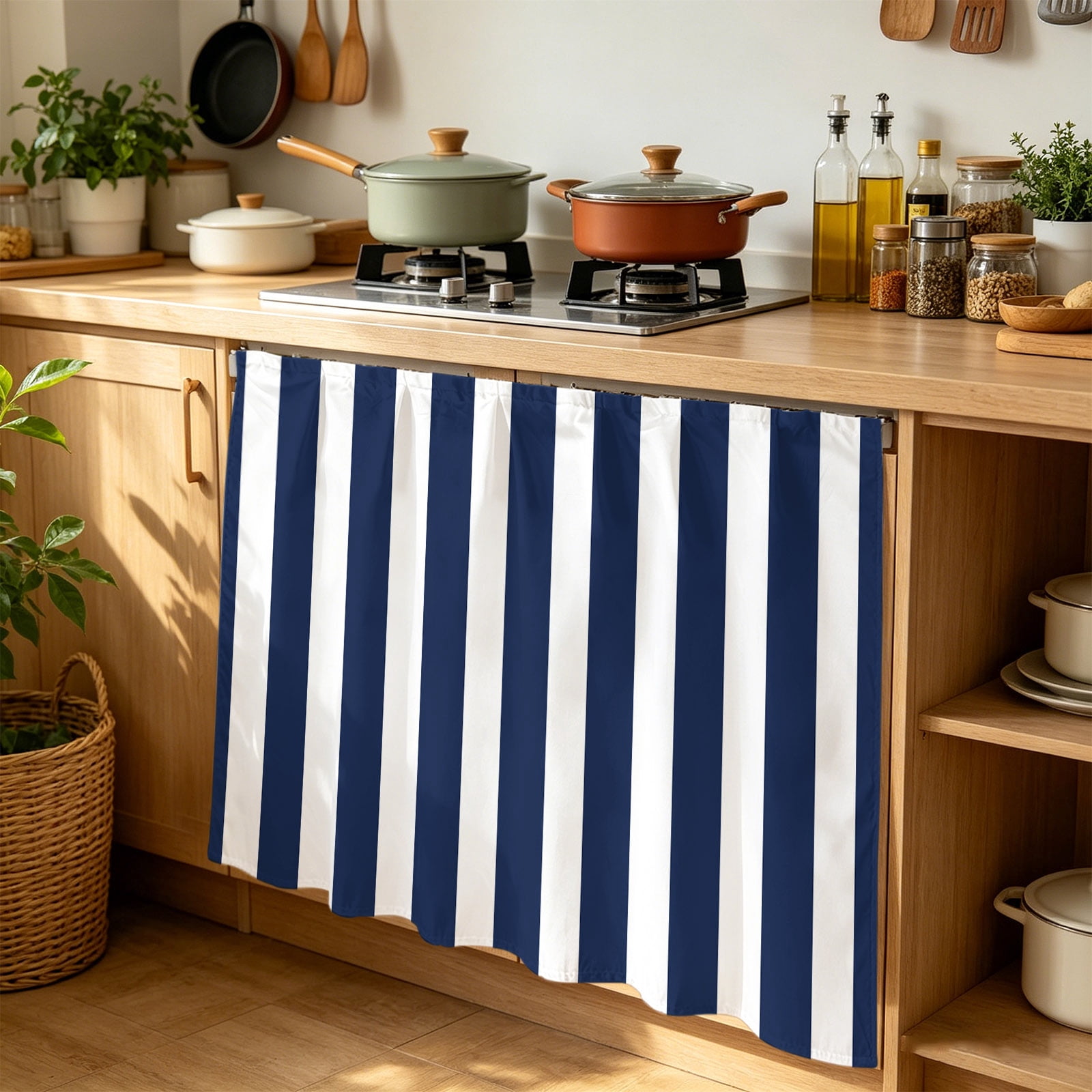 Cabinet Curtains 35"W x 35"L, Navy Blue Striped Sink Skirt for Bathroom ...