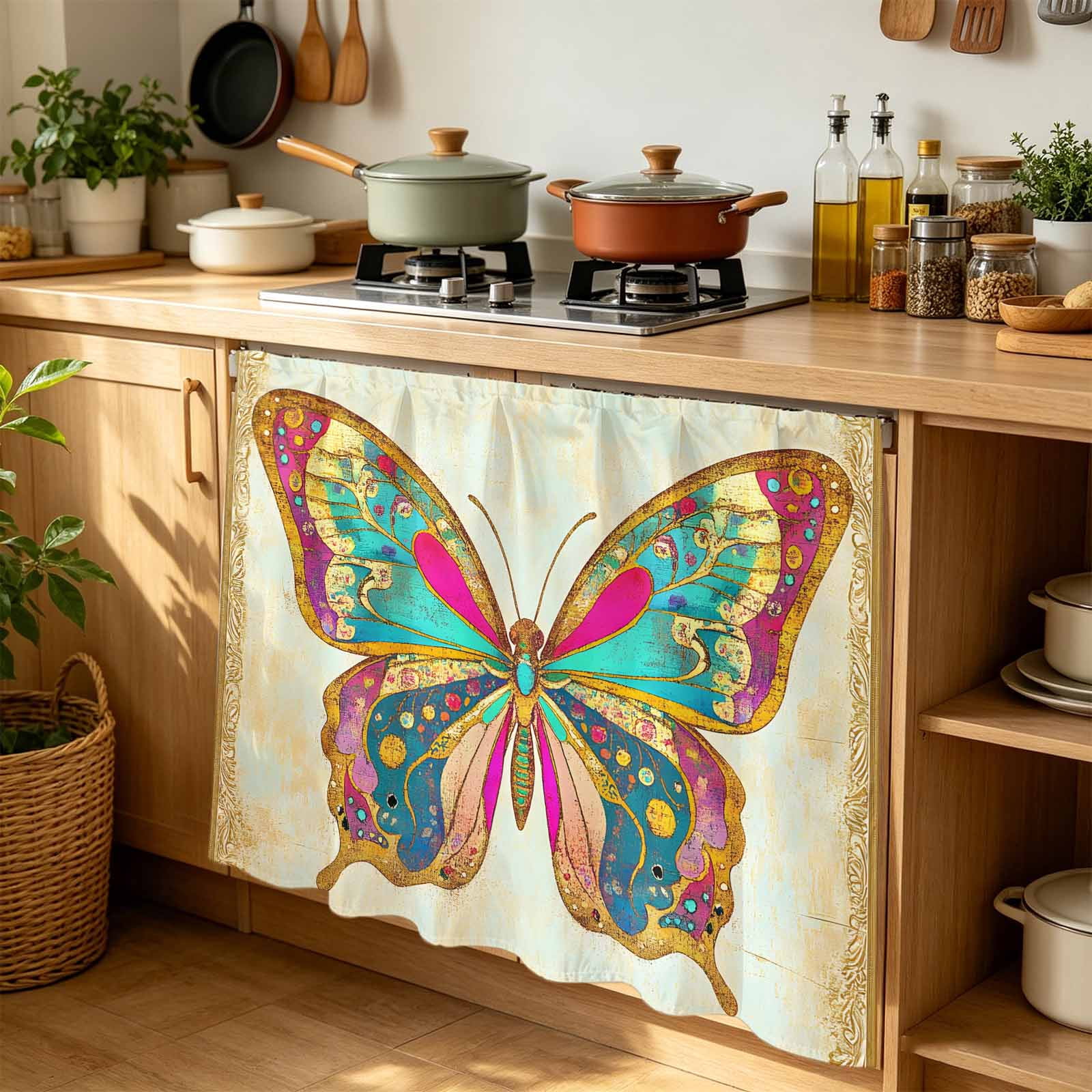 Cabinet Curtains 35"W x 35"L, Vintage Butterfly Sink Skirt for Bathroom ...