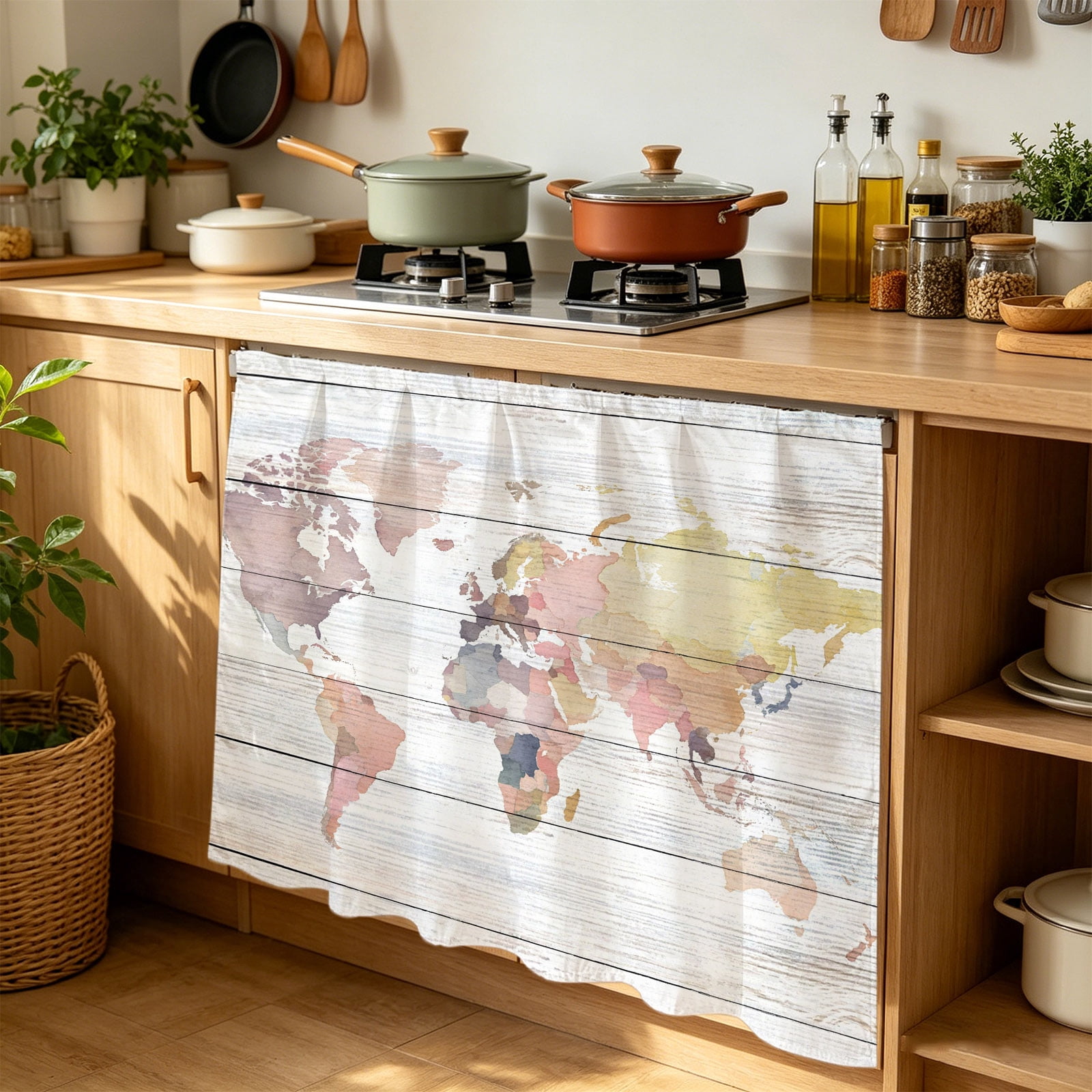 Cabinet Curtains 35"W x 35"L, World Map Sink Skirt for Bathroom Kitchen ...