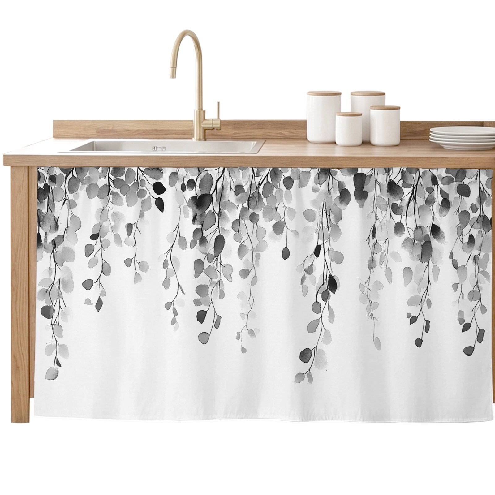 Cabinet Curtains for Shelves, Grey Eucalyptus Leaves Under Sink Cabinet ...