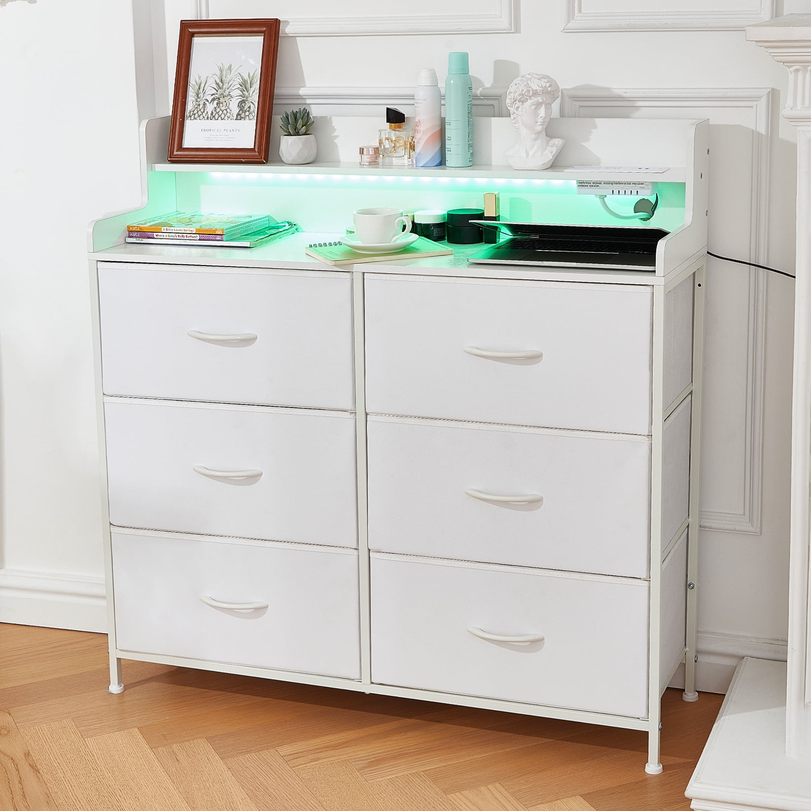 LED White Dresser for Bedroom,6 Drawer Dresser with Charging Station ...