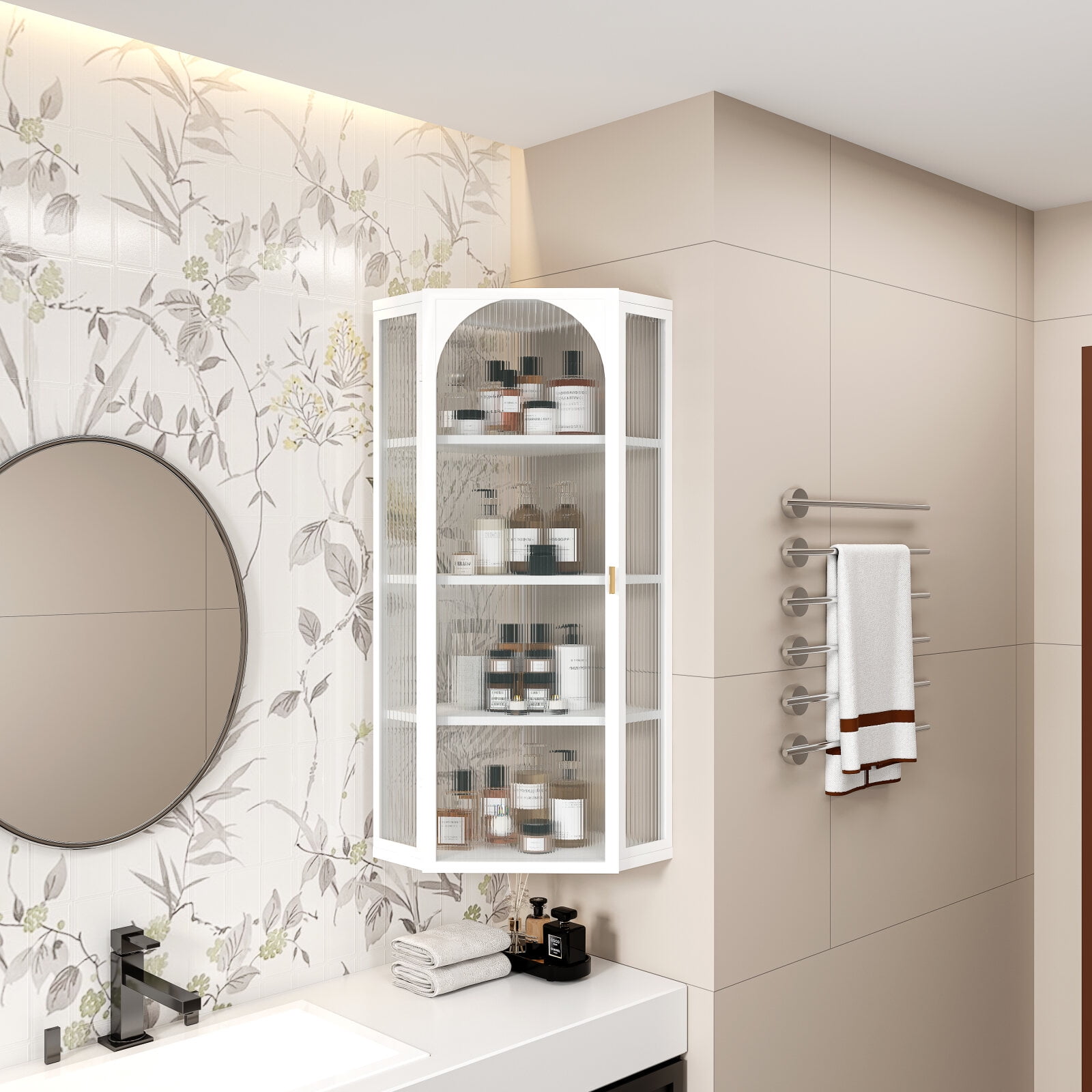 Glass Door Wall Mounted Corner Cabinet with Featuring Four Tier Storage White