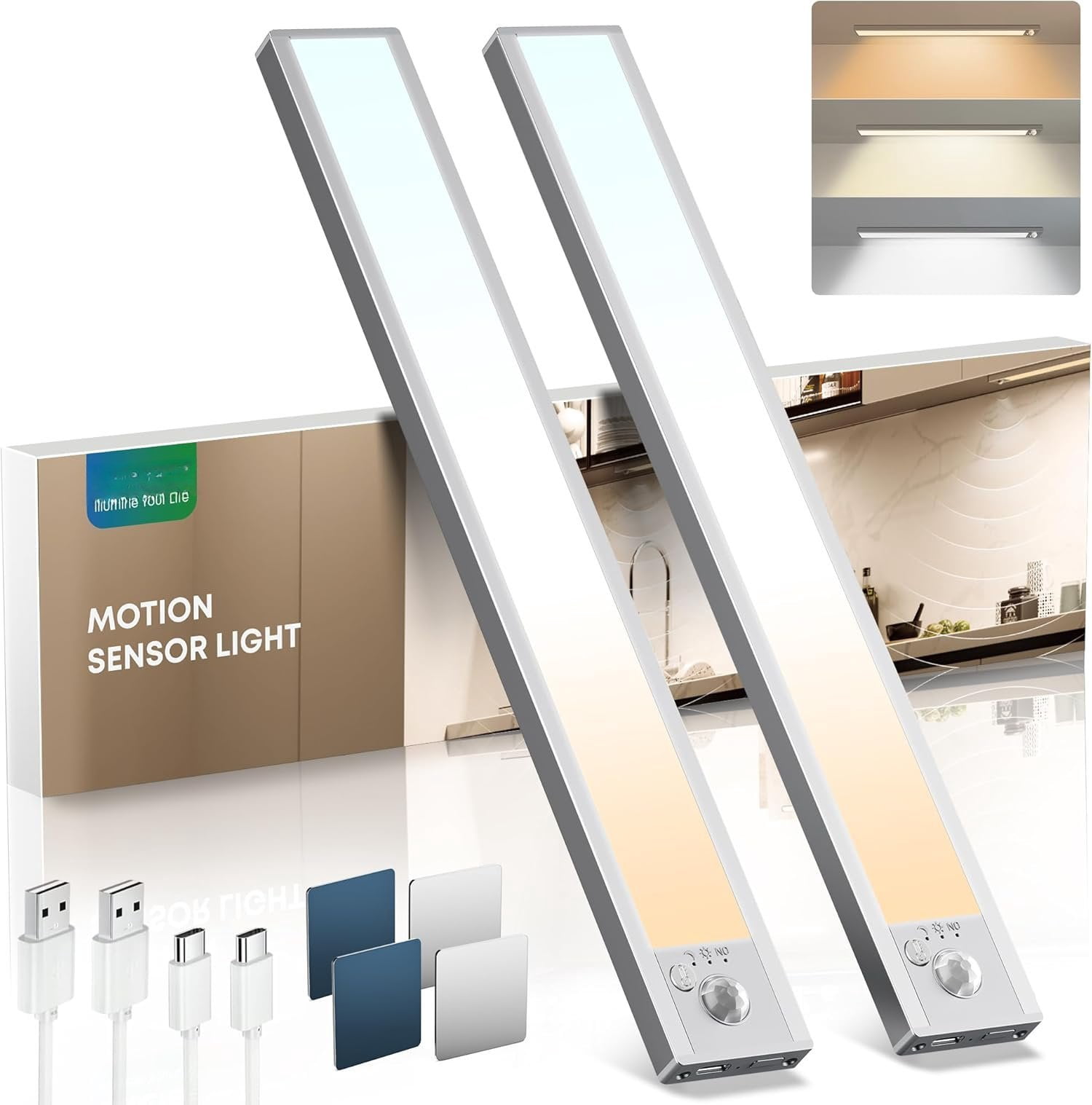Under Cabinet Kitchen Light, Motion Sensor Dimmable 11.8 inch 2200mAh ...