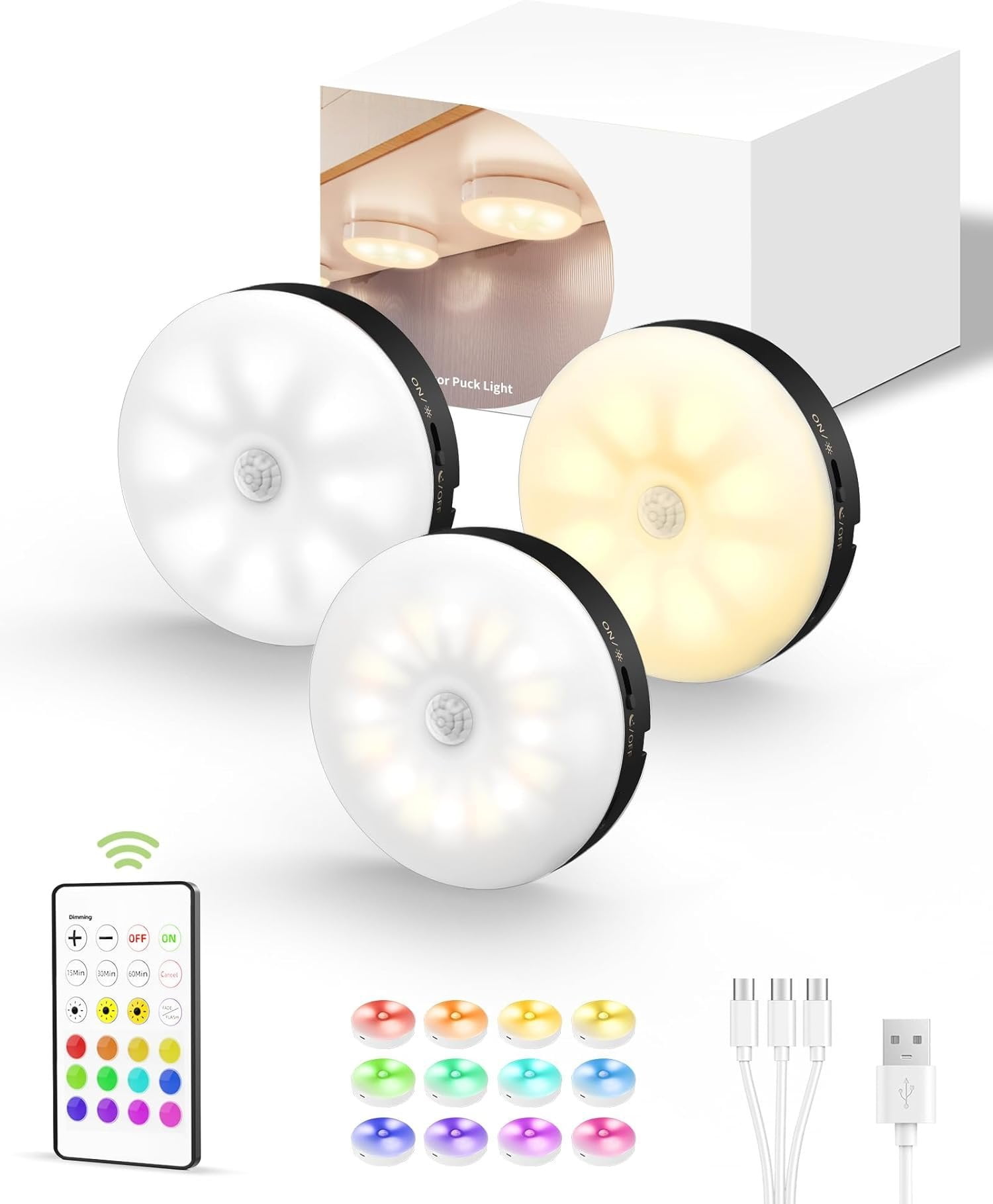 Under Cabinet Lighting,1000mAh Rechargeable Puck Lights with Remote,3 ...